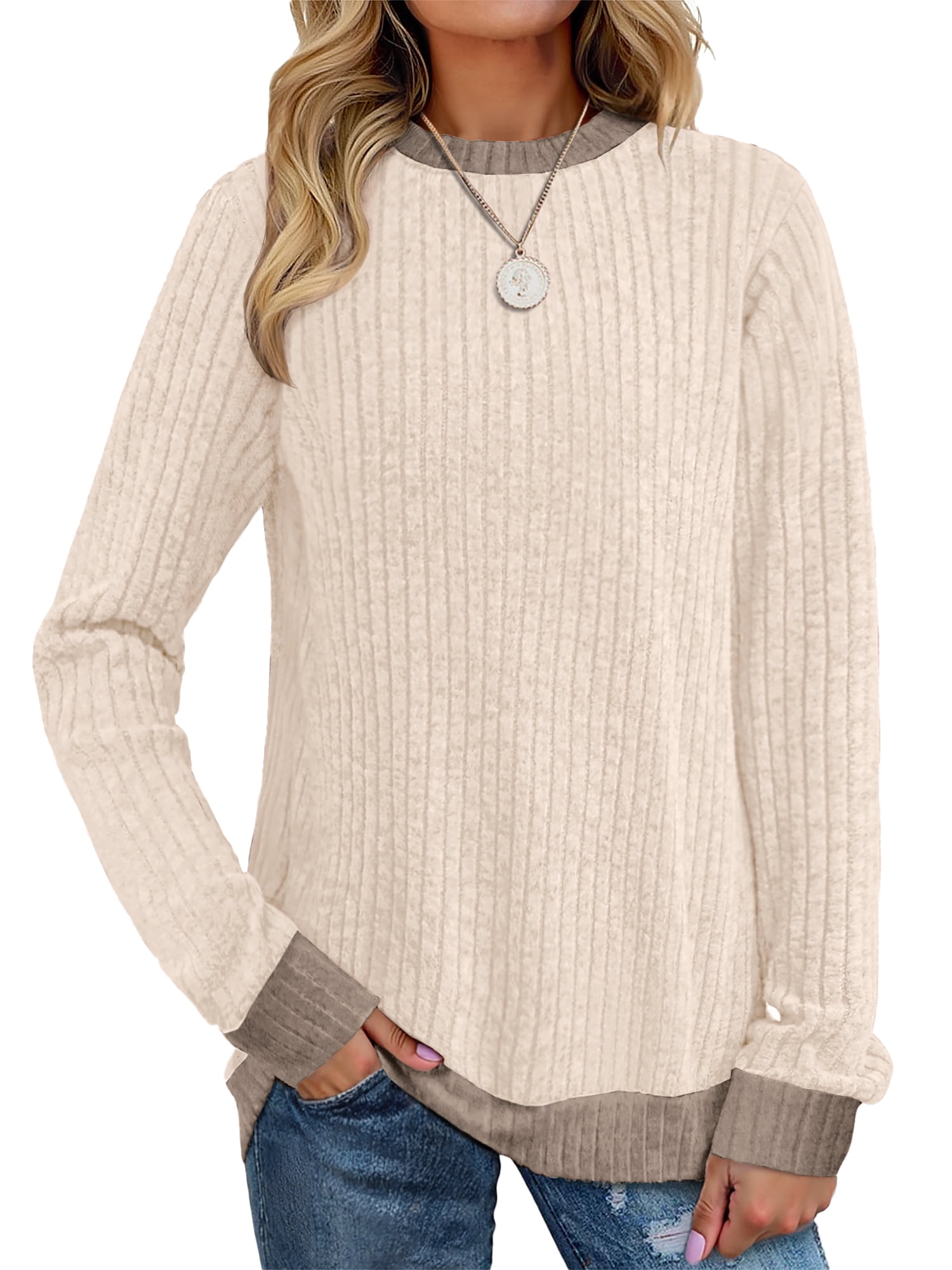 MOSHU Color Block Sweaters for Women Crewneck Long Sleeves Fashion Tops ...
