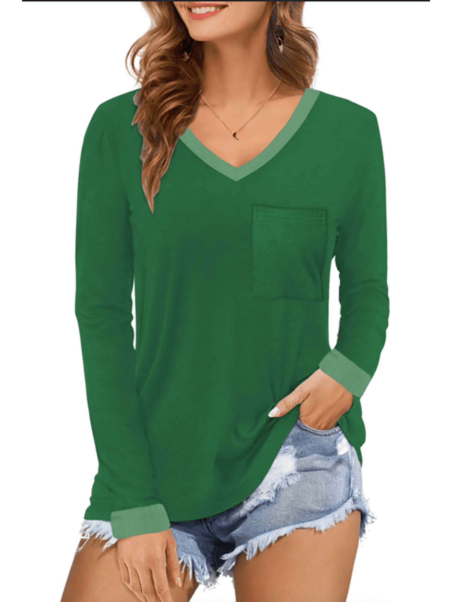 MOSHU Color Block T Shirts for Women V Neck Long Sleeve Womens Shirts ...