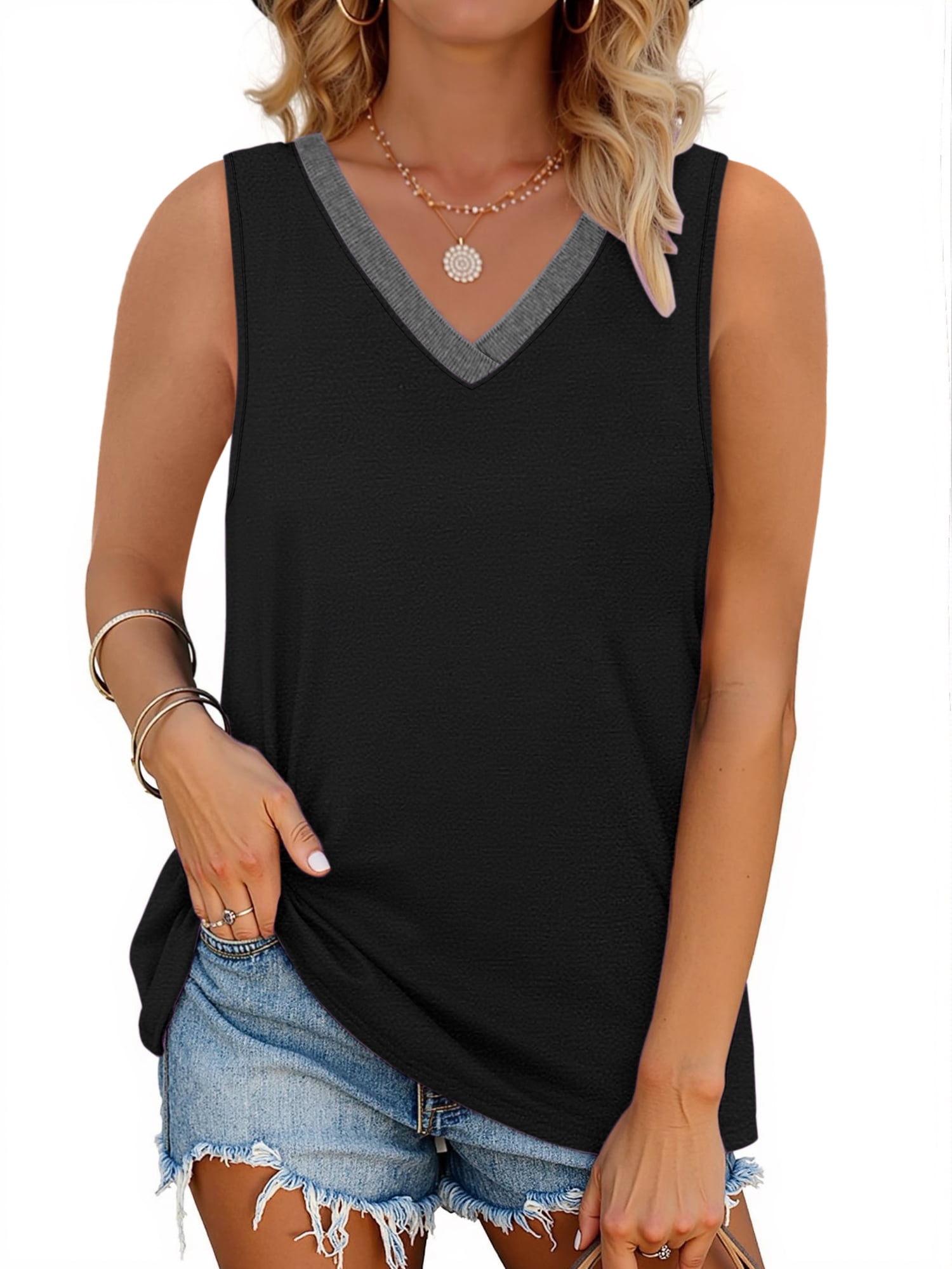 MOSHU Color Block Tank Tops for Women Casual Loose Tops Summer V Neck Sleeveless Shirts Basic ...