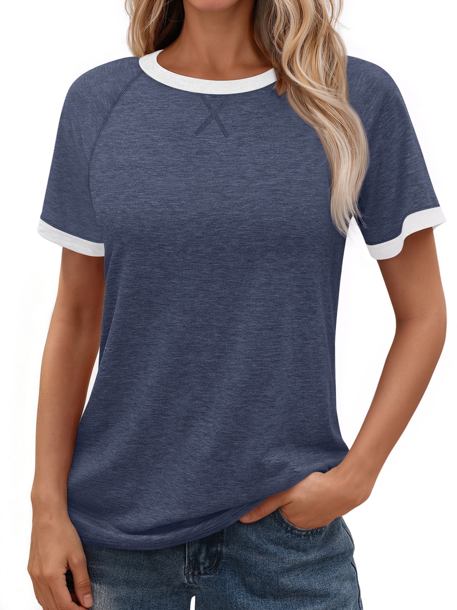 MOSHU Color Block Womens T-shirts Round Neck Shirts for Women Short ...
