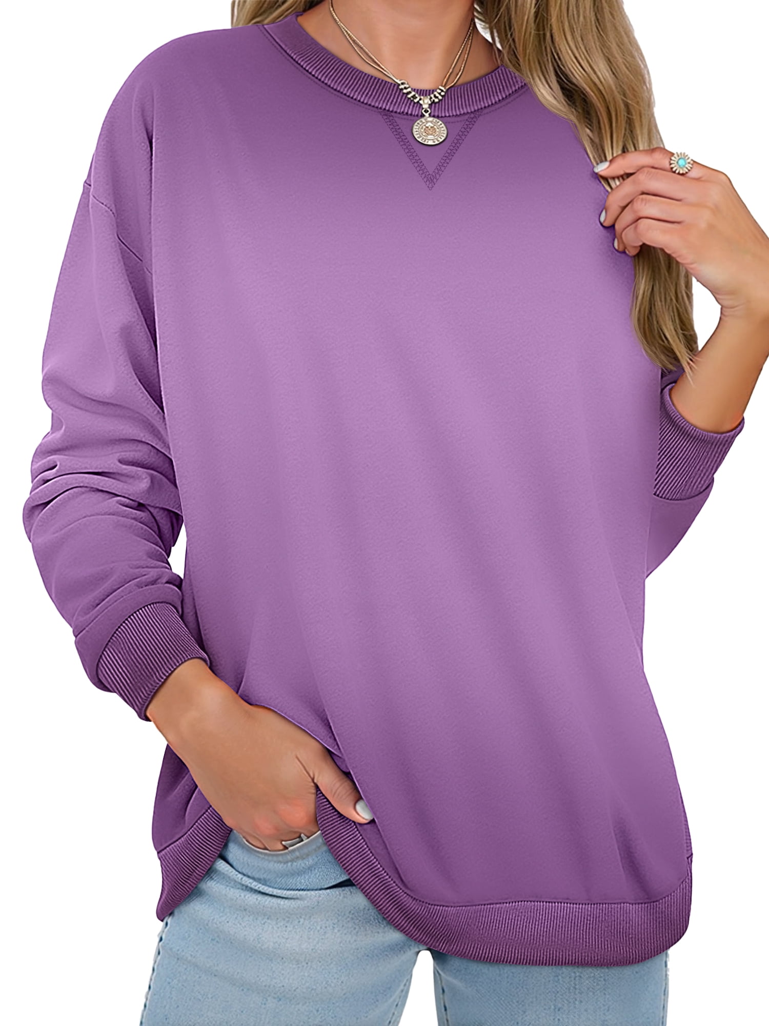 MOSHU Cotton Womens Sweatshirts Crewneck Long Sleeve Shirts Acid Wash ...