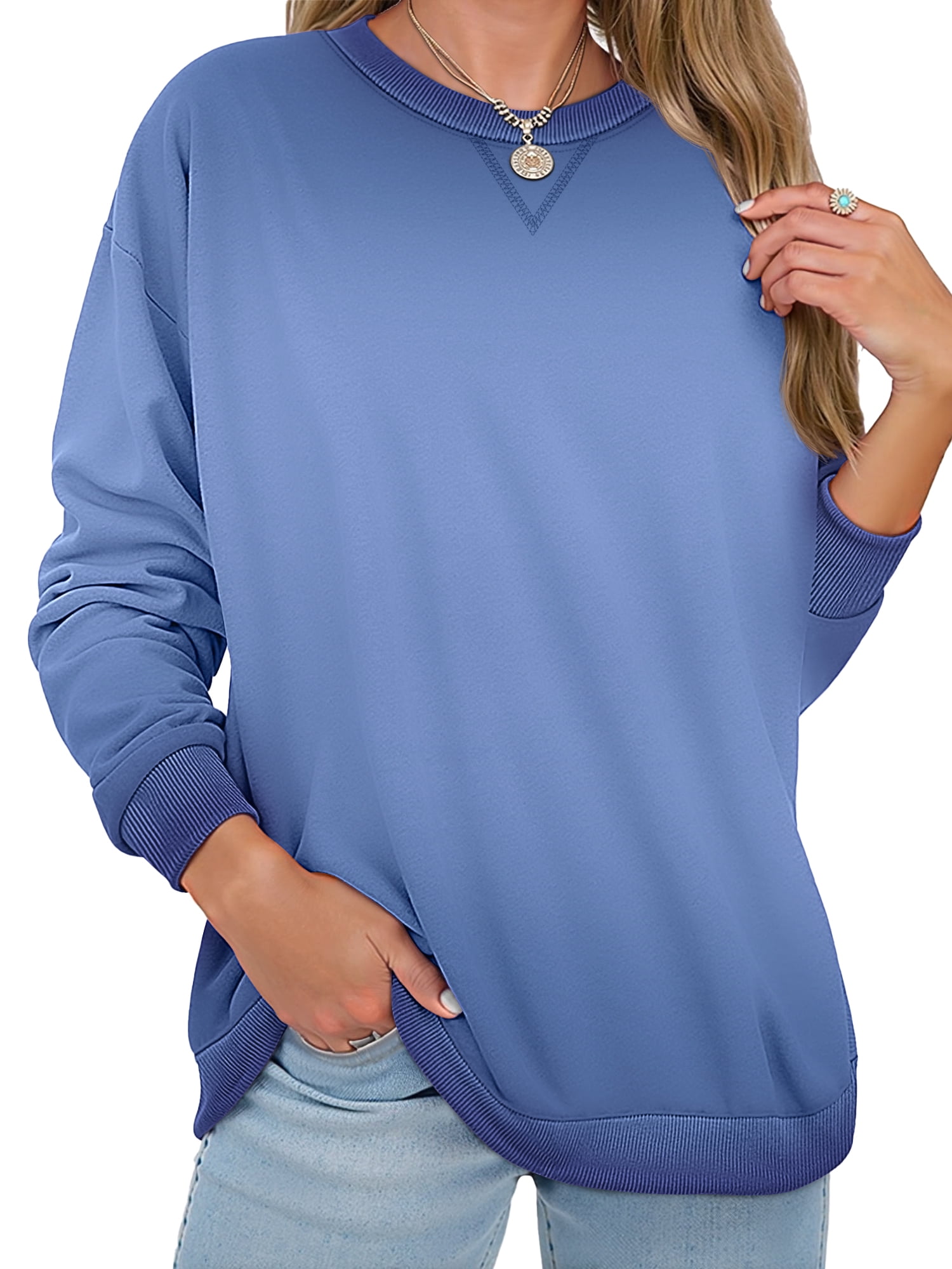 MOSHU Cotton Womens Sweatshirts Crewneck Long Sleeve Shirts Acid Wash ...