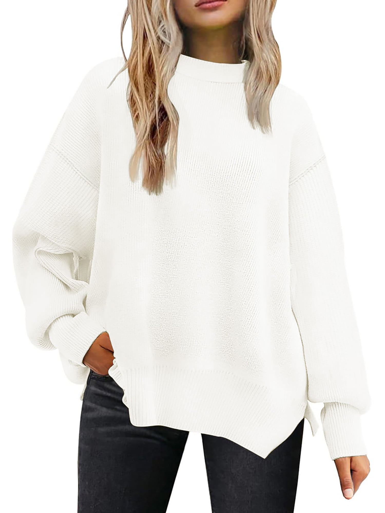 MOSHU Crewneck Sweaters for Women Drop Shoulder Long Sleeve Tops Side ...