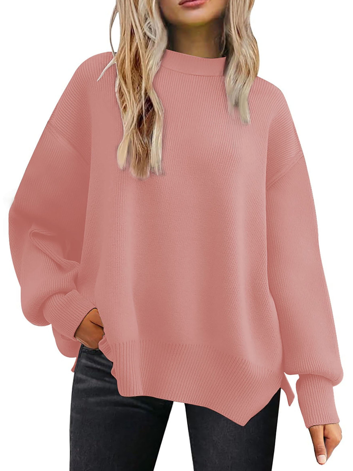 MOSHU Crewneck Sweaters for Women Drop Shoulder Long Sleeve Tops Side ...