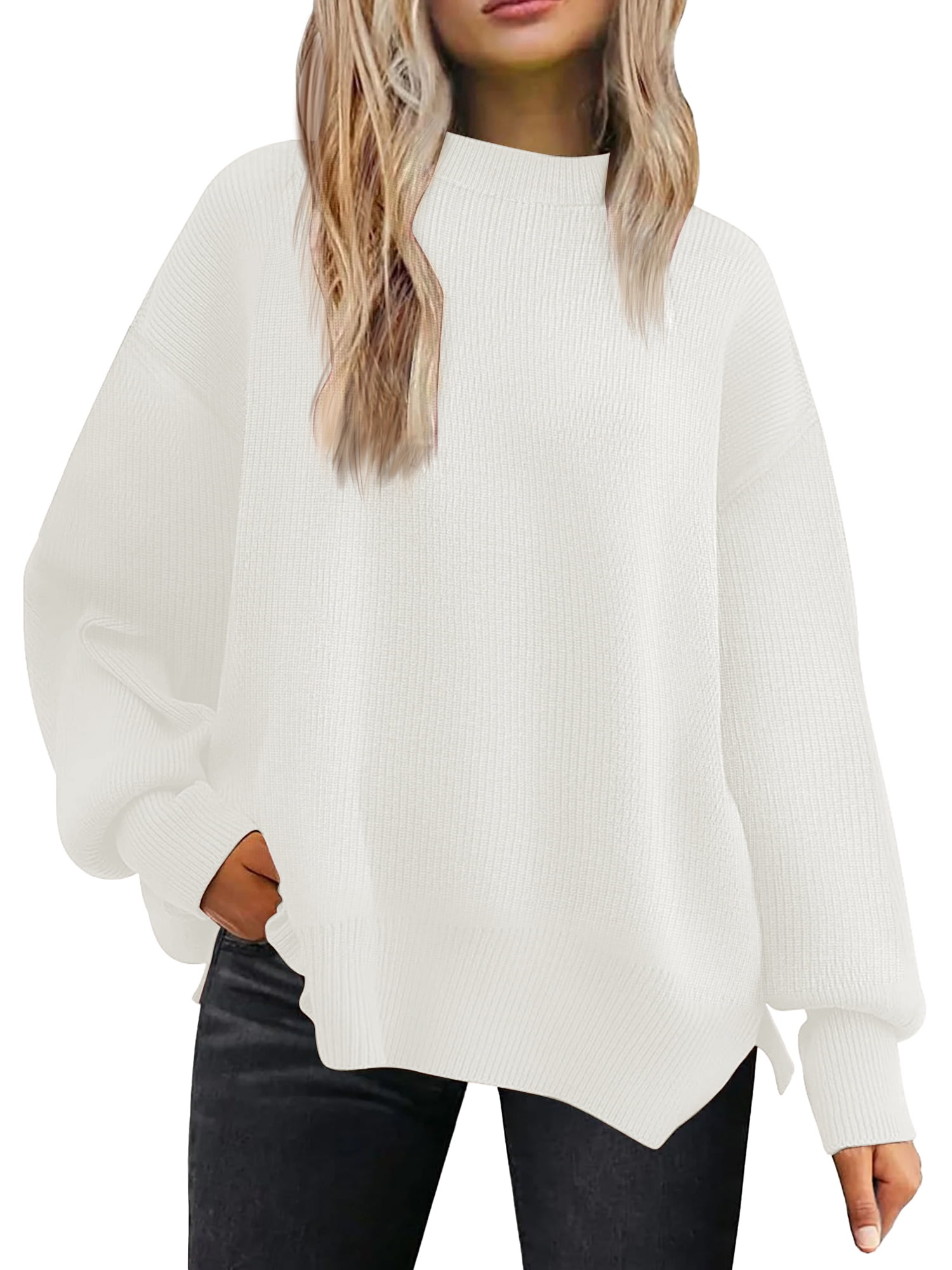 MOSHU Crewneck Sweaters for Women Drop Shoulder Long Sleeve Tops Side ...