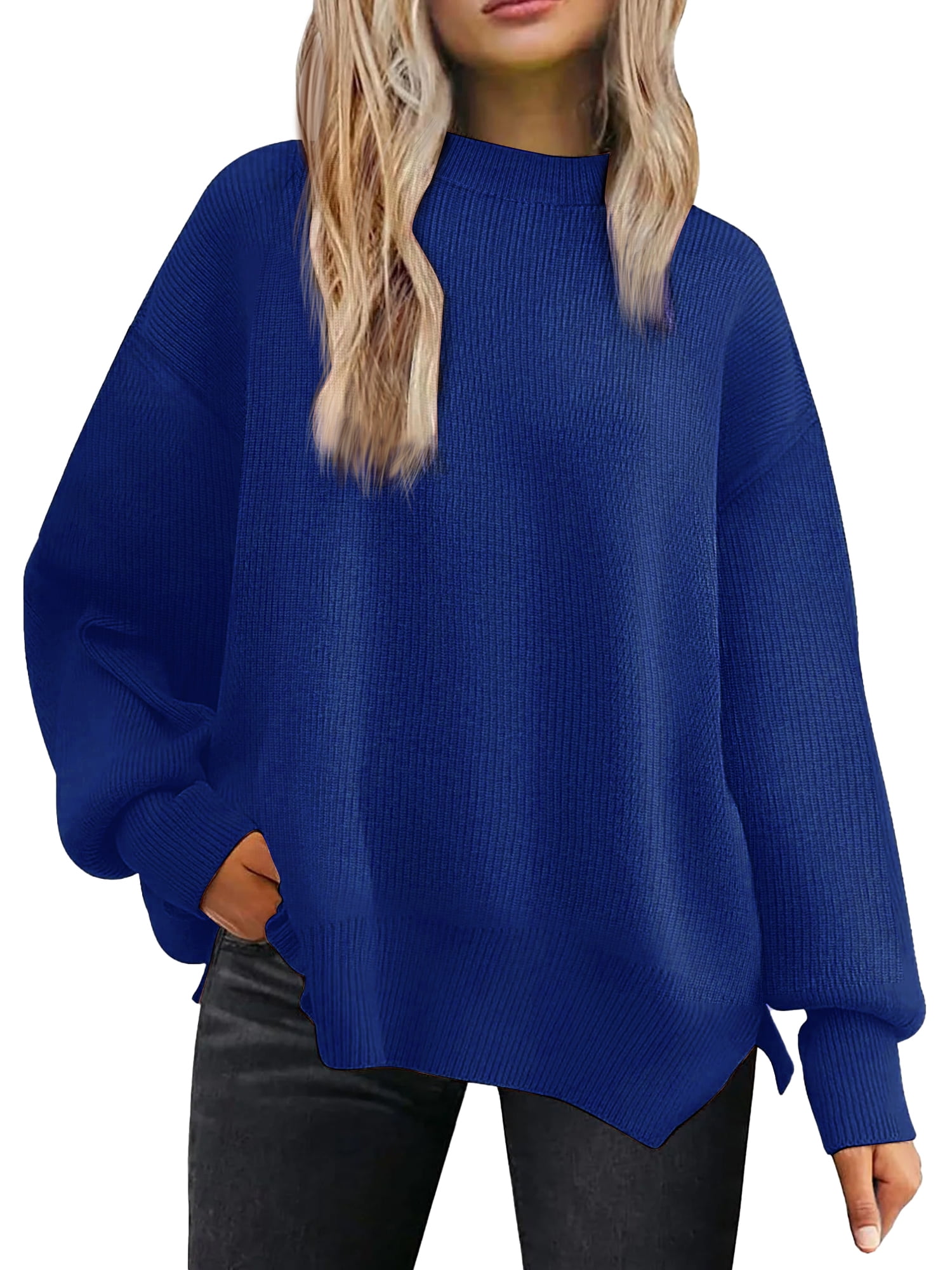 MOSHU Crewneck Sweaters for Women Drop Shoulder Long Sleeve Tops Side ...