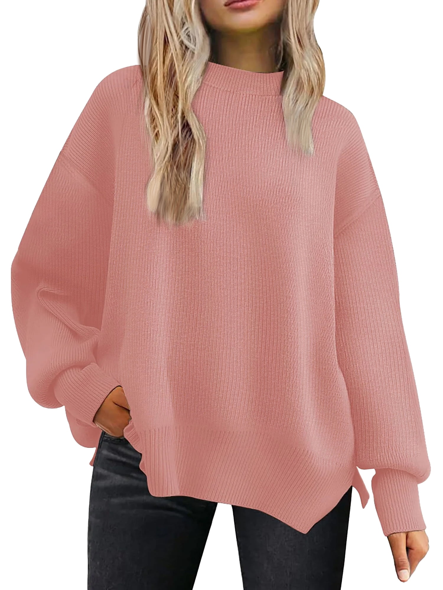 MOSHU Crewneck Sweaters for Women Drop Shoulder Long Sleeve Tops Side ...