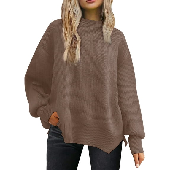 MOSHU Crewneck Sweaters for Women Drop Shoulder Long Sleeve Tops Side ...