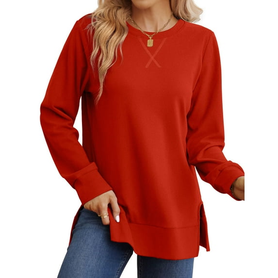 MOSHU Crewneck Sweatshirts for Women Side Split Long Sleeve Shirts ...