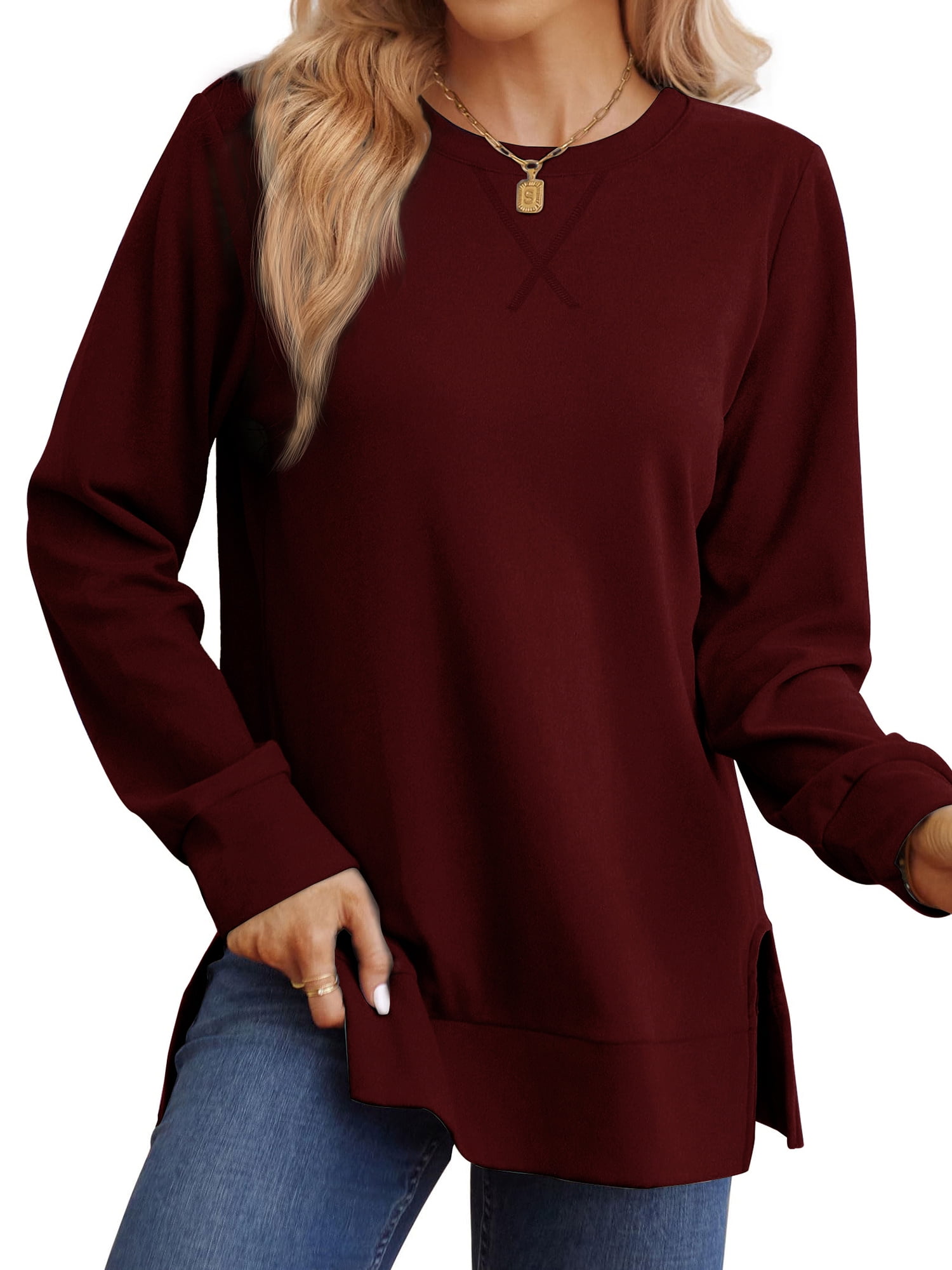 MOSHU Crewneck Sweatshirts for Women Side Split Long Sleeve Shirts ...