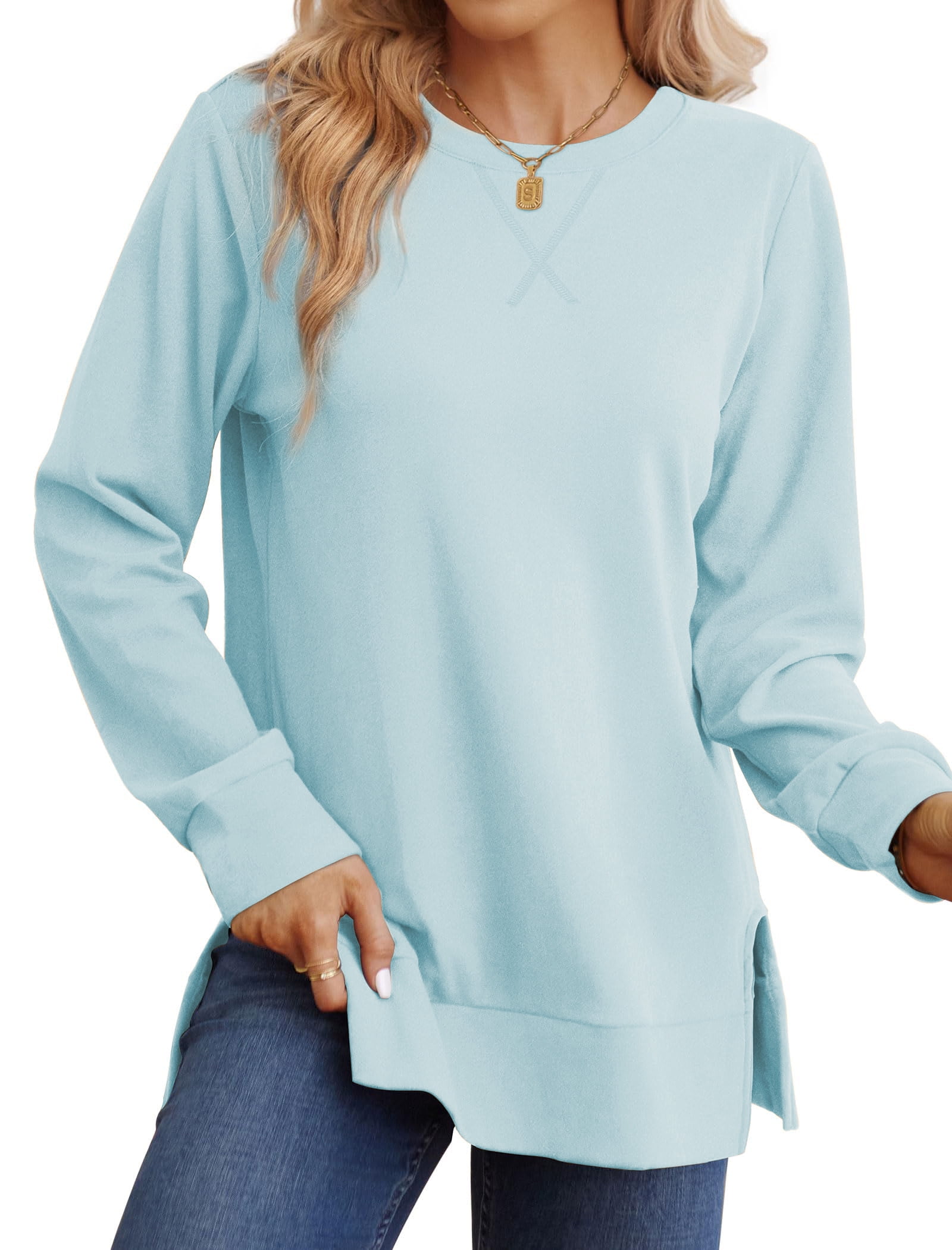 MOSHU Crewneck Sweatshirts for Women Side Split Long Sleeve Shirts ...