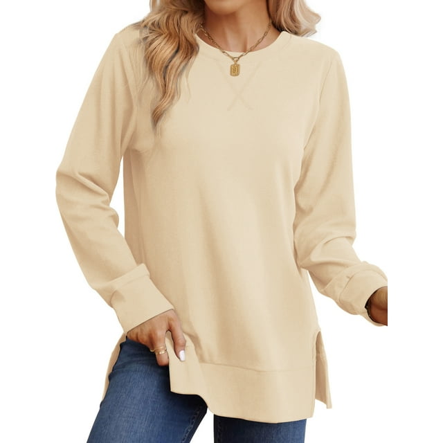 MOSHU Crewneck Sweatshirts for Women Side Split Long Sleeve Shirts ...