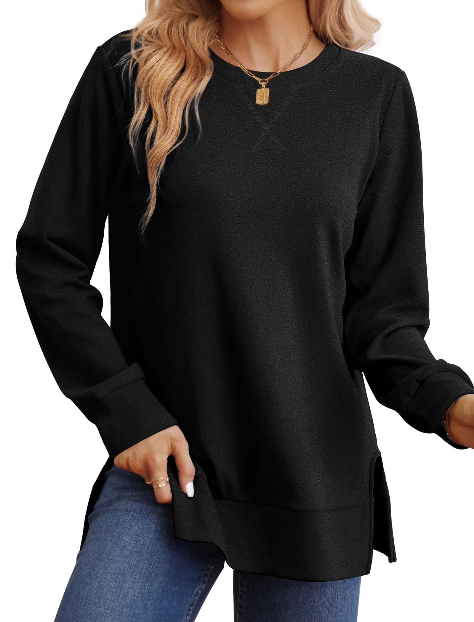 MOSHU Crewneck Sweatshirts for Women Side Split Long Sleeve Shirts ...