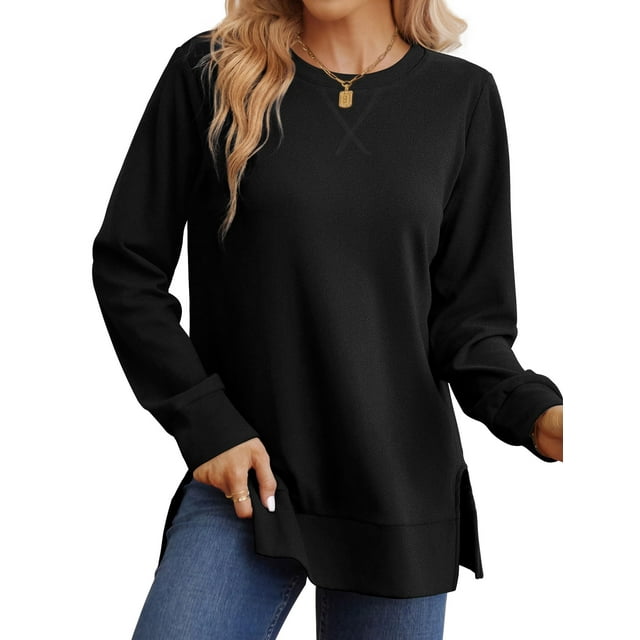 MOSHU Crewneck Sweatshirts for Women Side Split Long Sleeve Shirts ...