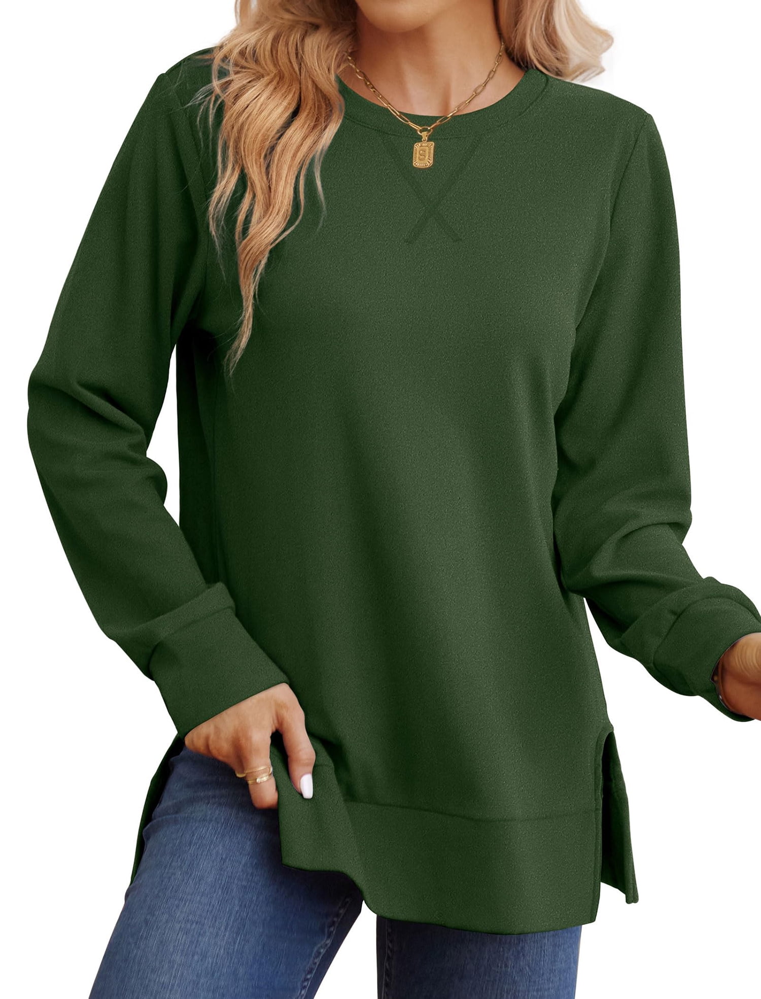 MOSHU Crewneck Sweatshirts for Women Side Split Long Sleeve Shirts ...