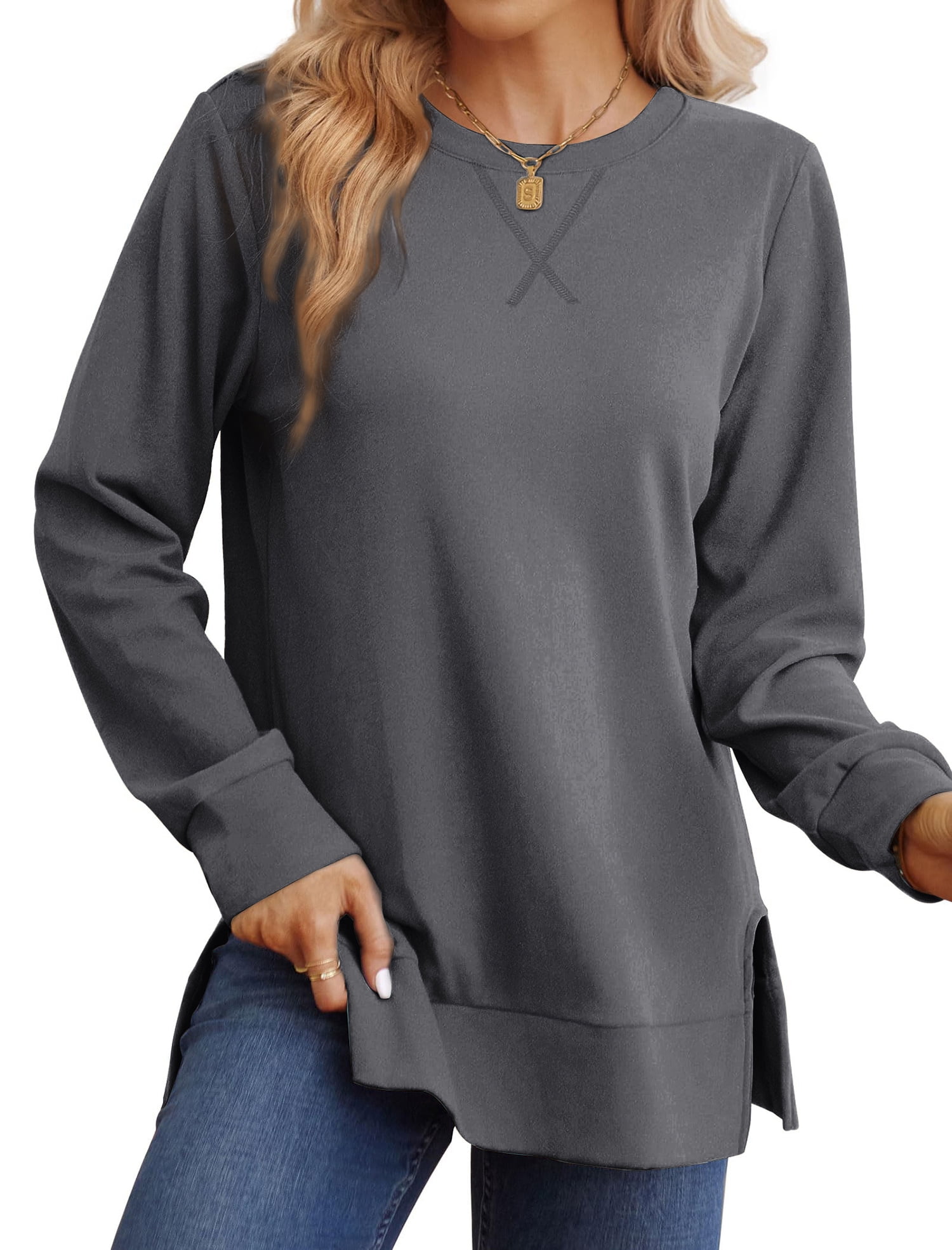 MOSHU Crewneck Sweatshirts for Women Side Split Long Sleeve Shirts ...