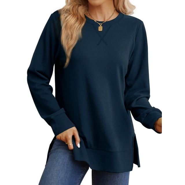 MOSHU Crewneck Sweatshirts for Women Side Split Long Sleeve Shirts ...