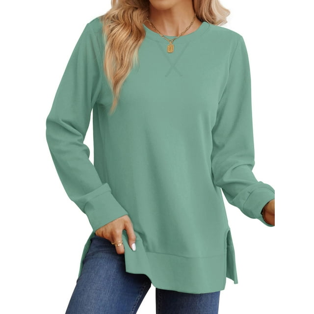 MOSHU Crewneck Sweatshirts for Women Side Split Long Sleeve Shirts ...