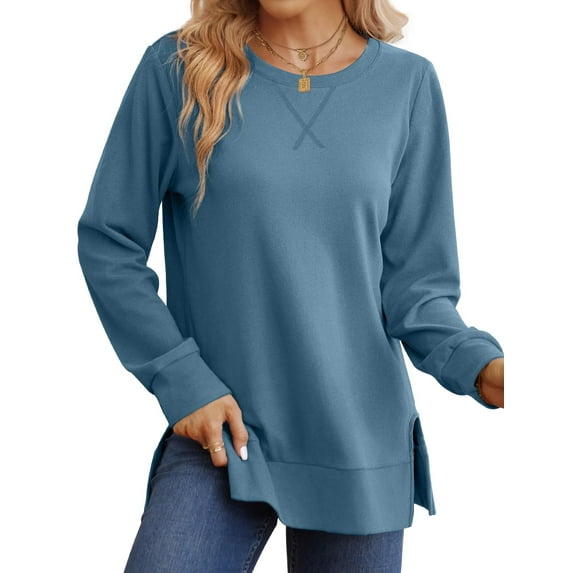 MOSHU Crewneck Sweatshirts for Women Side Split Long Sleeve Shirts ...