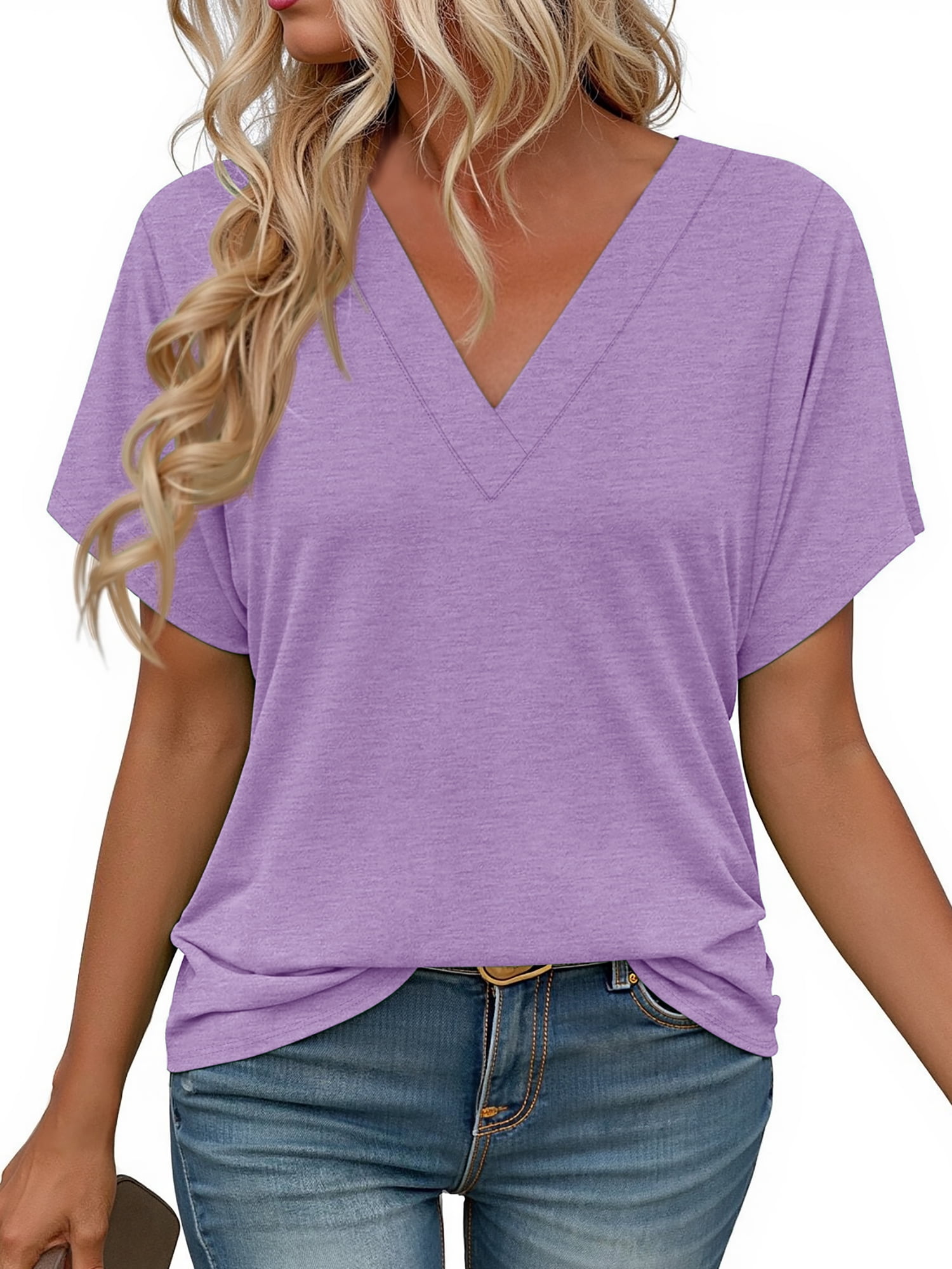 MOSHU Deep V Neck Womens Tops Curved Hem Loose Fit Blouses Casual ...