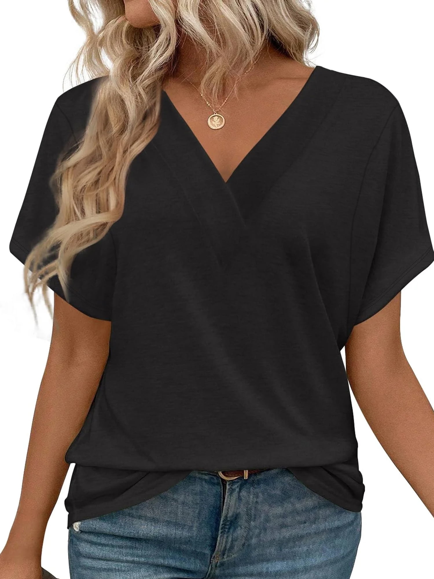 MOSHU Deep V Neck Womens Tops Curved Hem Shirts for Women Fashion ...