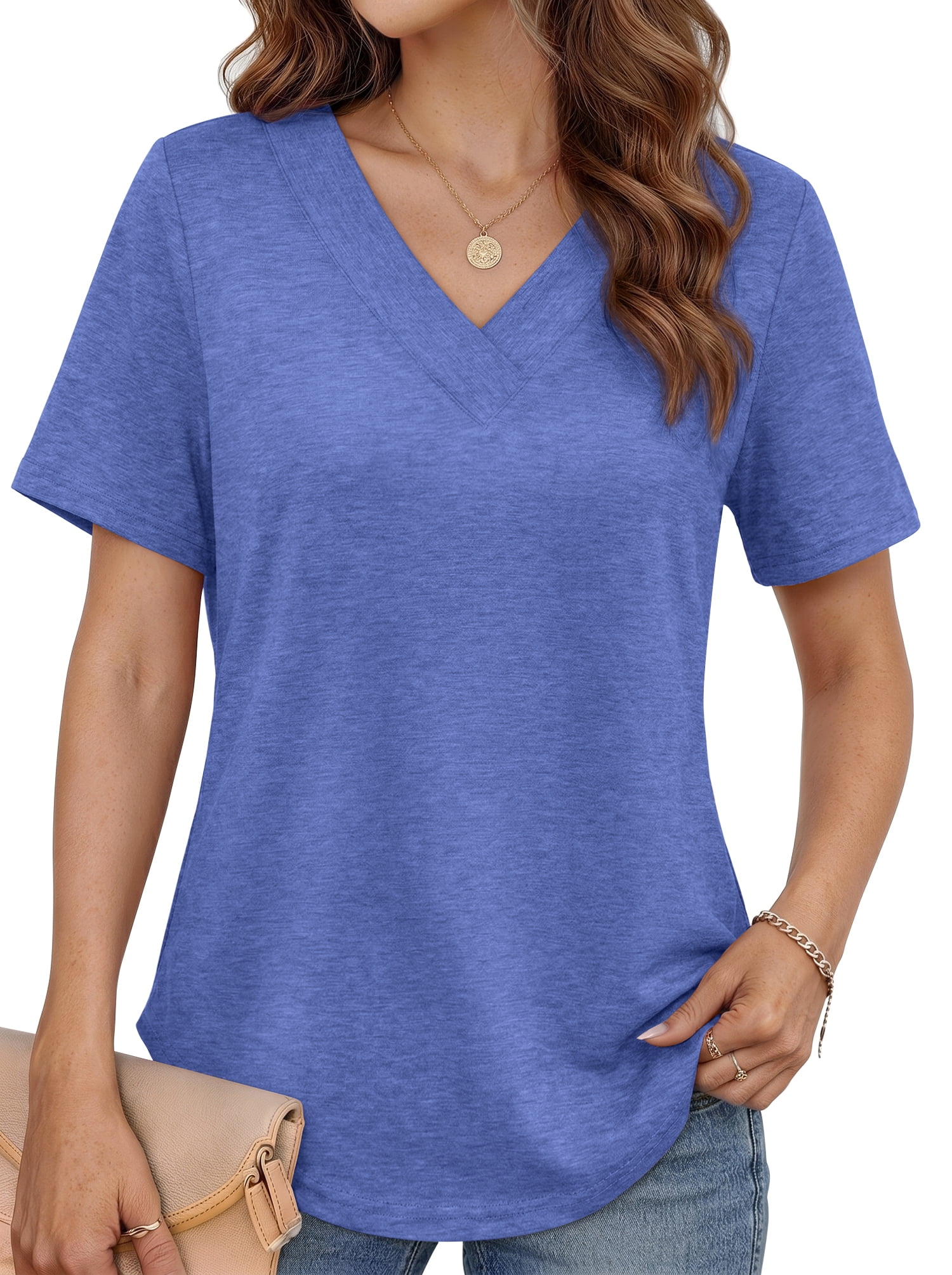 MOSHU Deep V Neck Womens Tops Curved Hem Shirts for Women Fashion ...