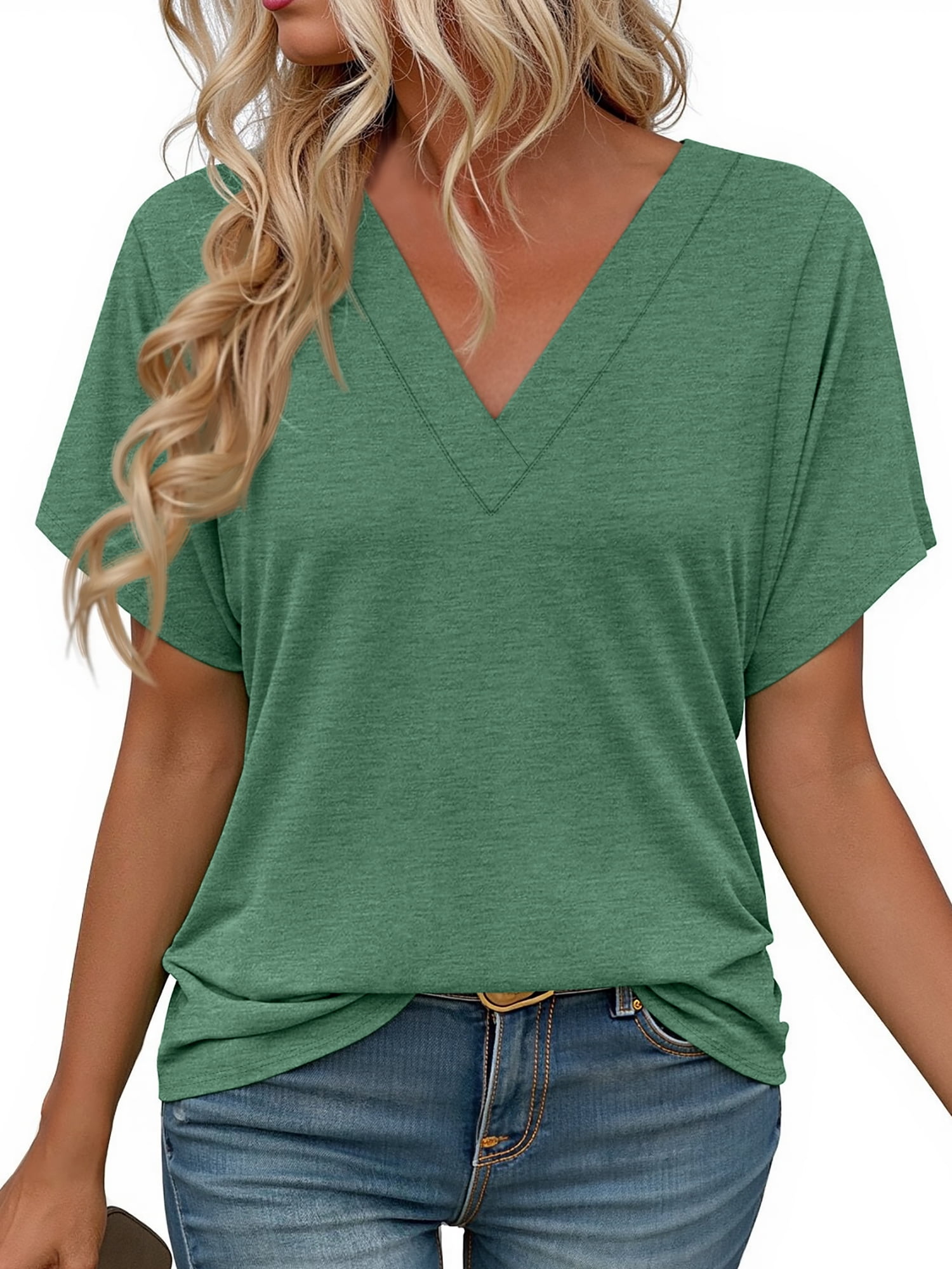 MOSHU Womens Deep V Neck Tops, Lightweight Curved Hem Blouses, Casual ...