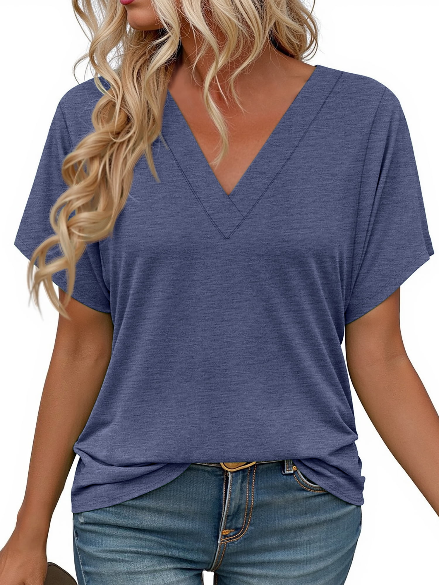 MOSHU Deep V Neck Womens Tops Curved Hem Shirts for Women Fashion ...