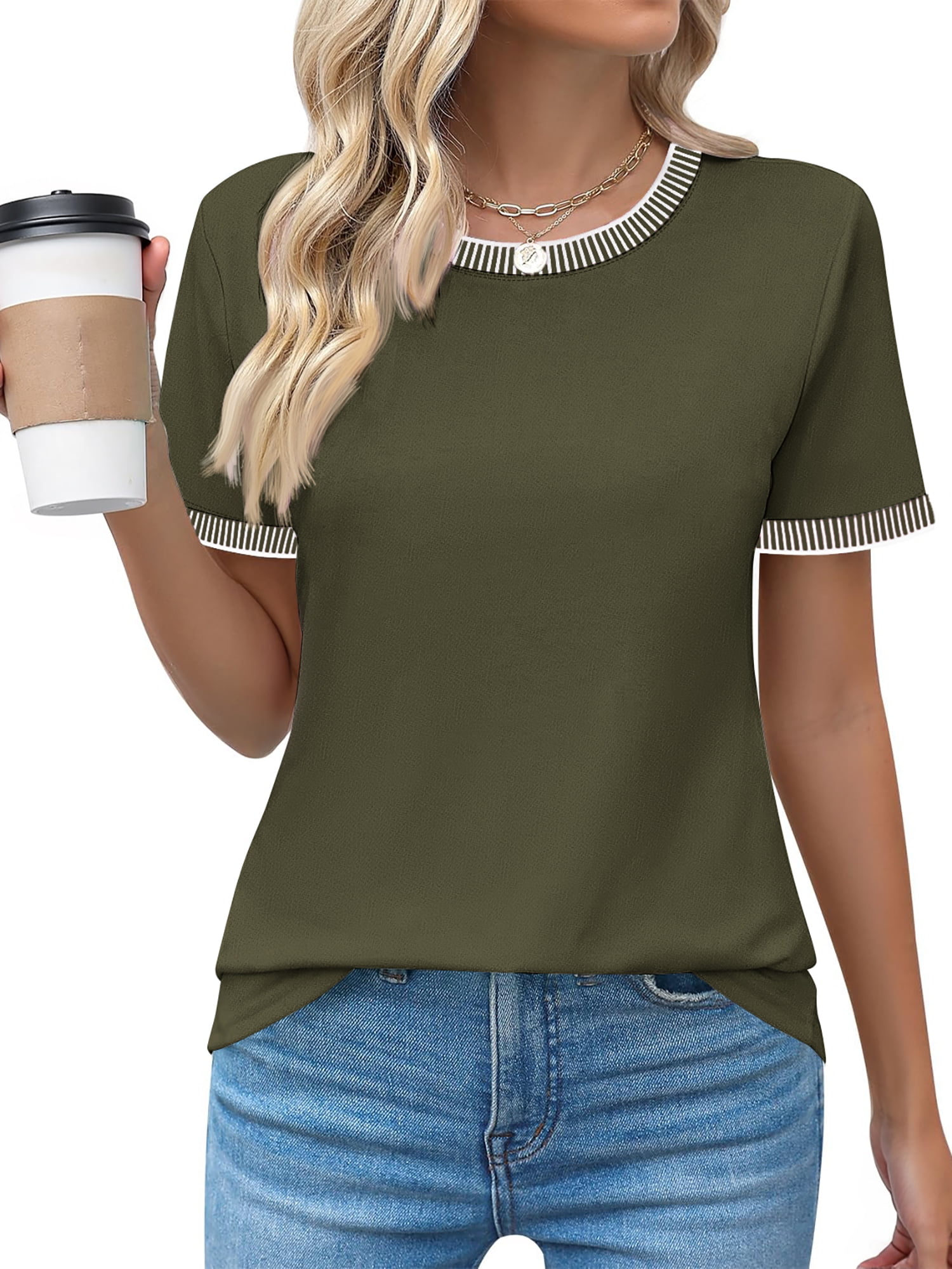 MOSHU Dressy Women Tops Crewneck Blouses for Women Striped Colorblock ...