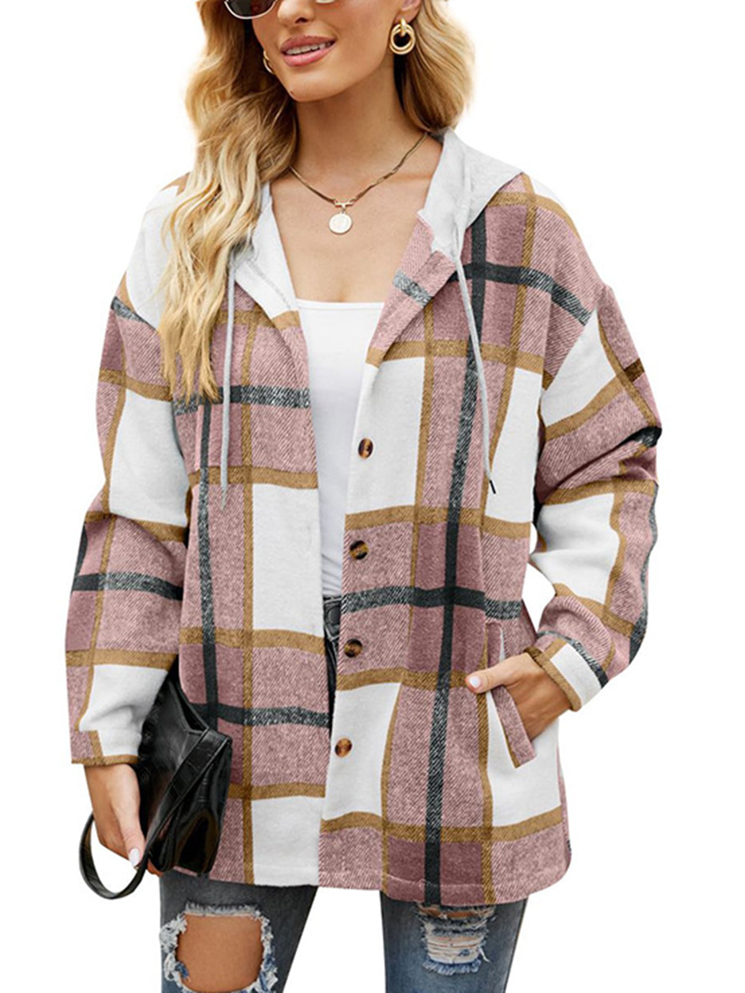 MOSHU Flannel Shirts for Women Button Down Plaid Shirt Hooded Shacket ...