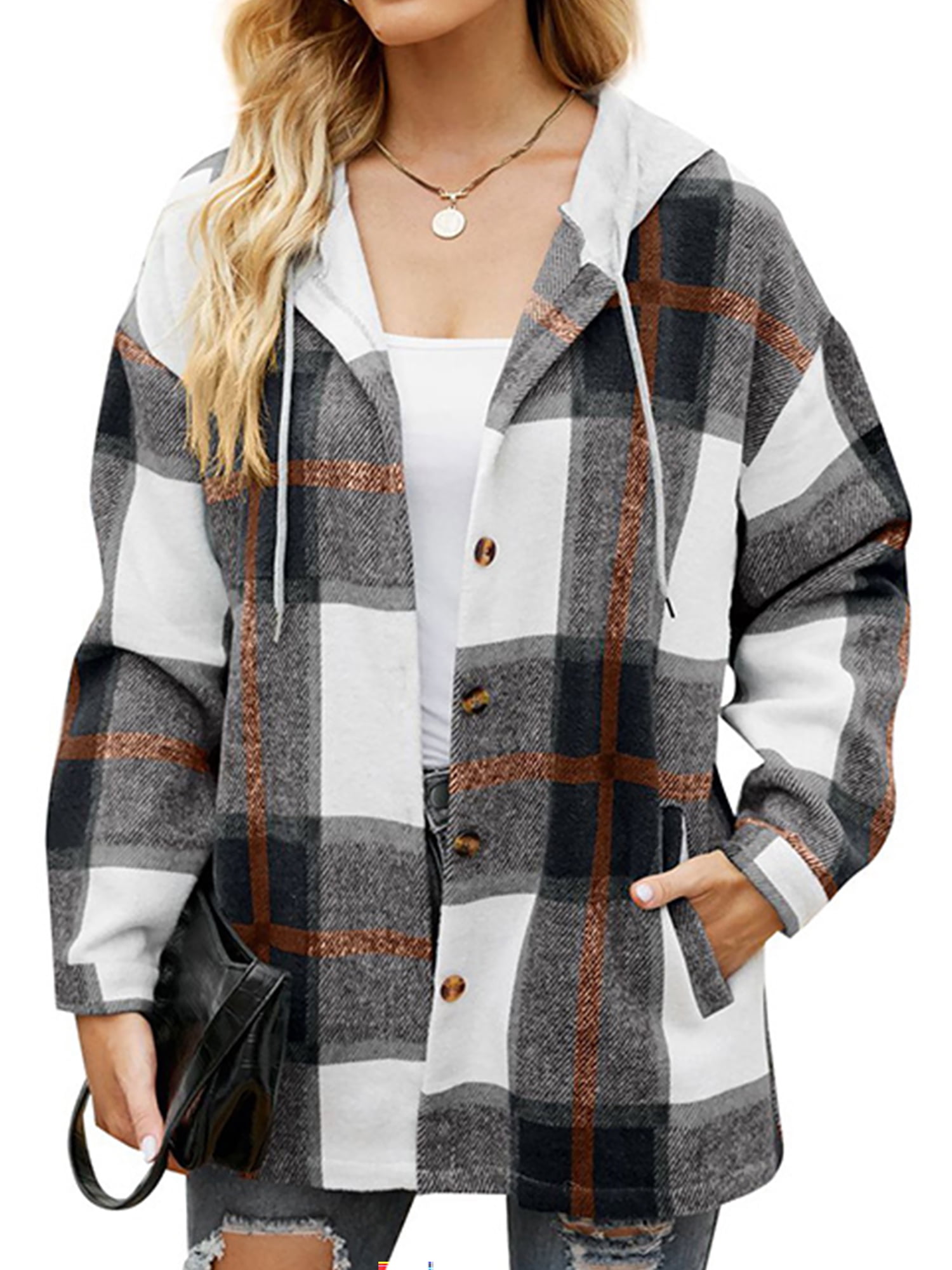 MOSHU Women's Flannel Shacket Jacket, Button Down Plaid Shirt with ...