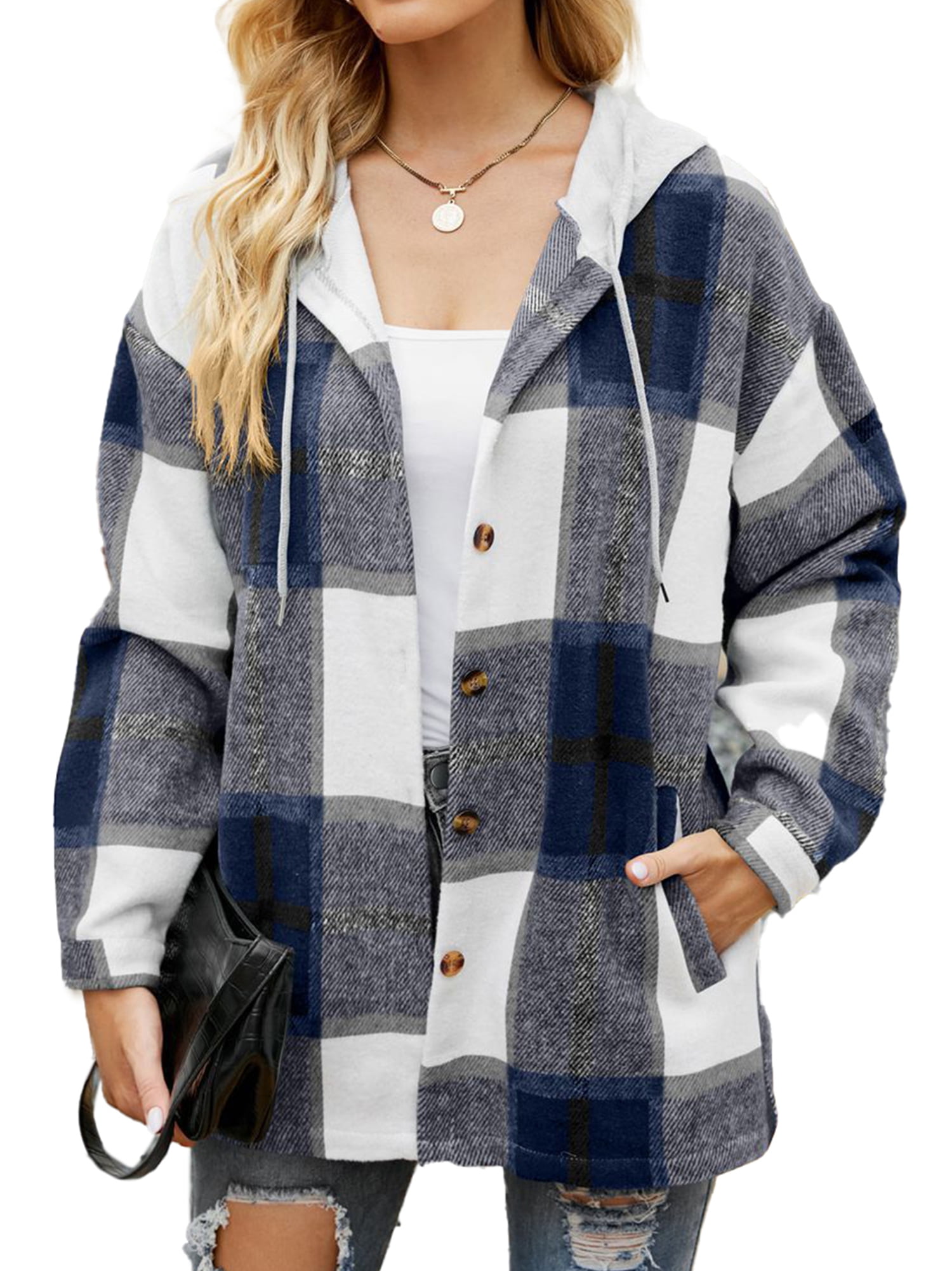 MOSHU Women's Hooded Flannel Plaid Shacket Jacket with Pockets ...