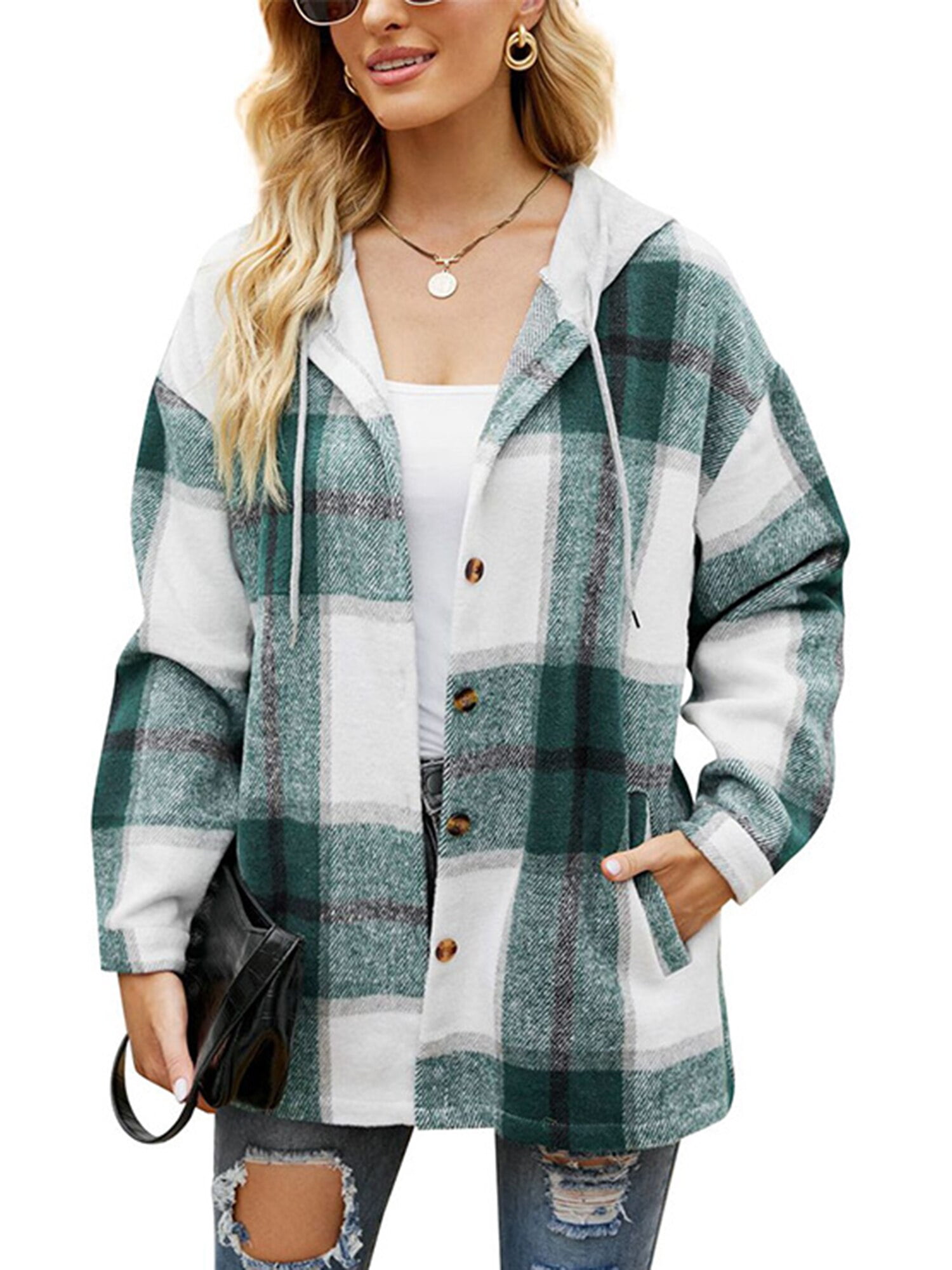 MOSHU Flannel Shirts for Women Button Down Plaid Shirt Hooded Shacket ...