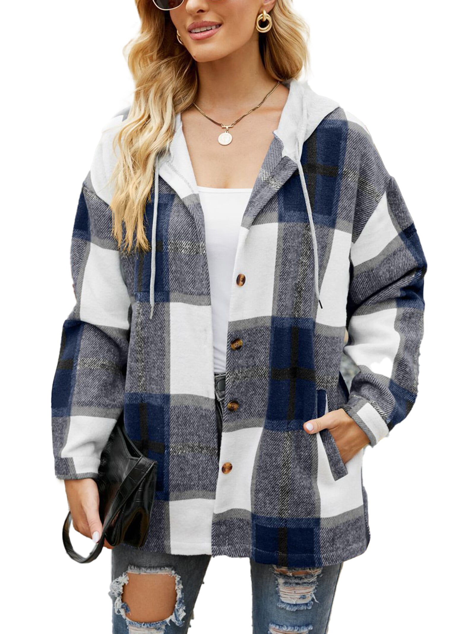 MOSHU Flannel Shirts for Women Button Down Plaid Shirt Hooded Shacket Jacket with Pocket ...
