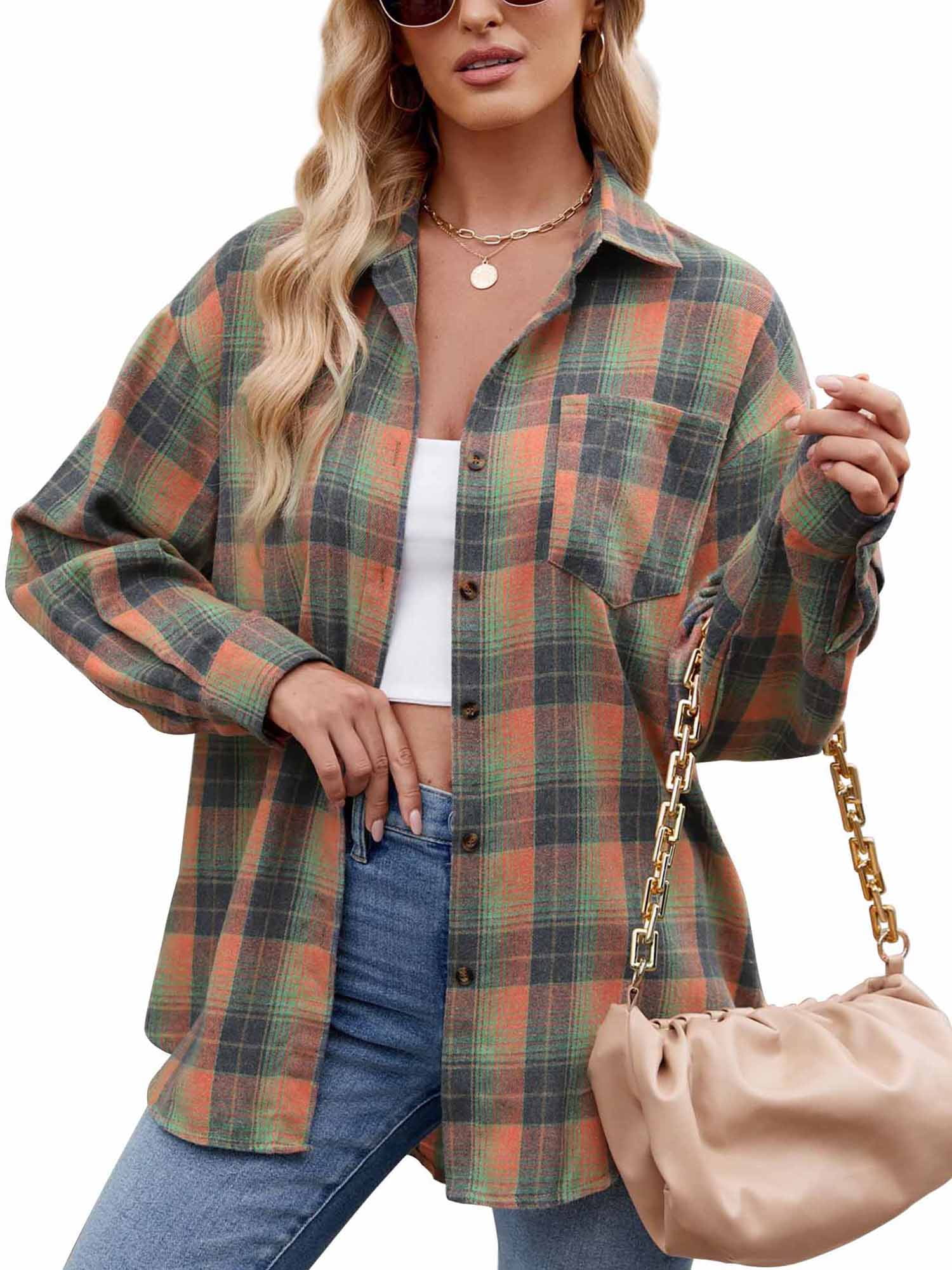 MOSHU Flannel Shirts for Women Casual Plaid Womens Tops Long Sleeve ...