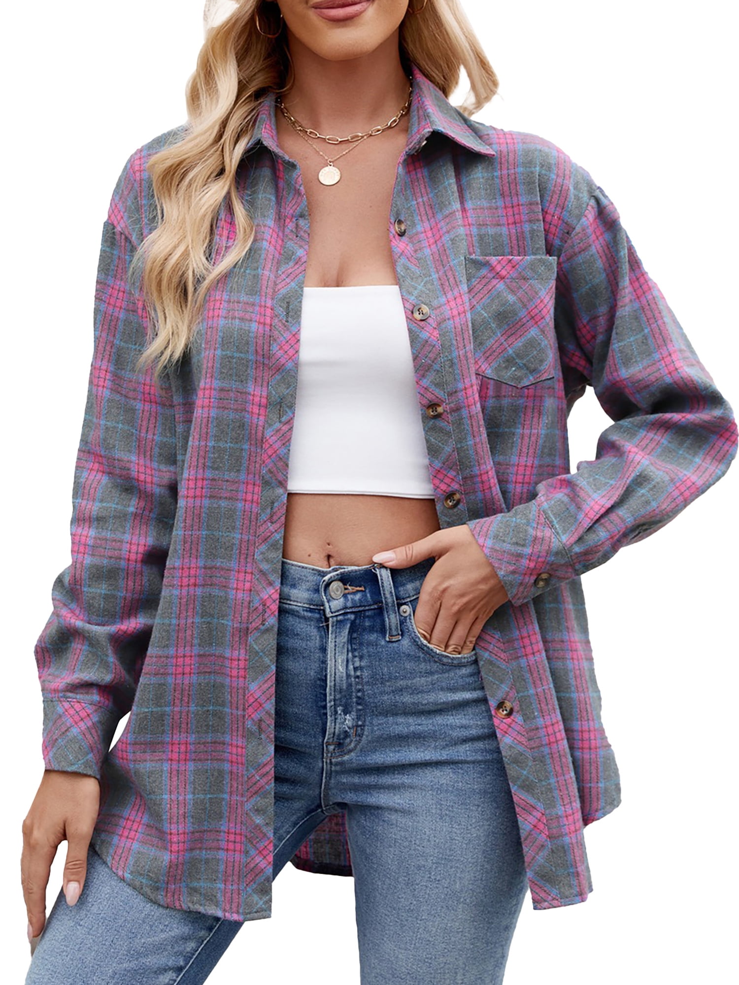 MOSHU Flannel Shirts for Women Casual Plaid Womens Tops Long Sleeve ...