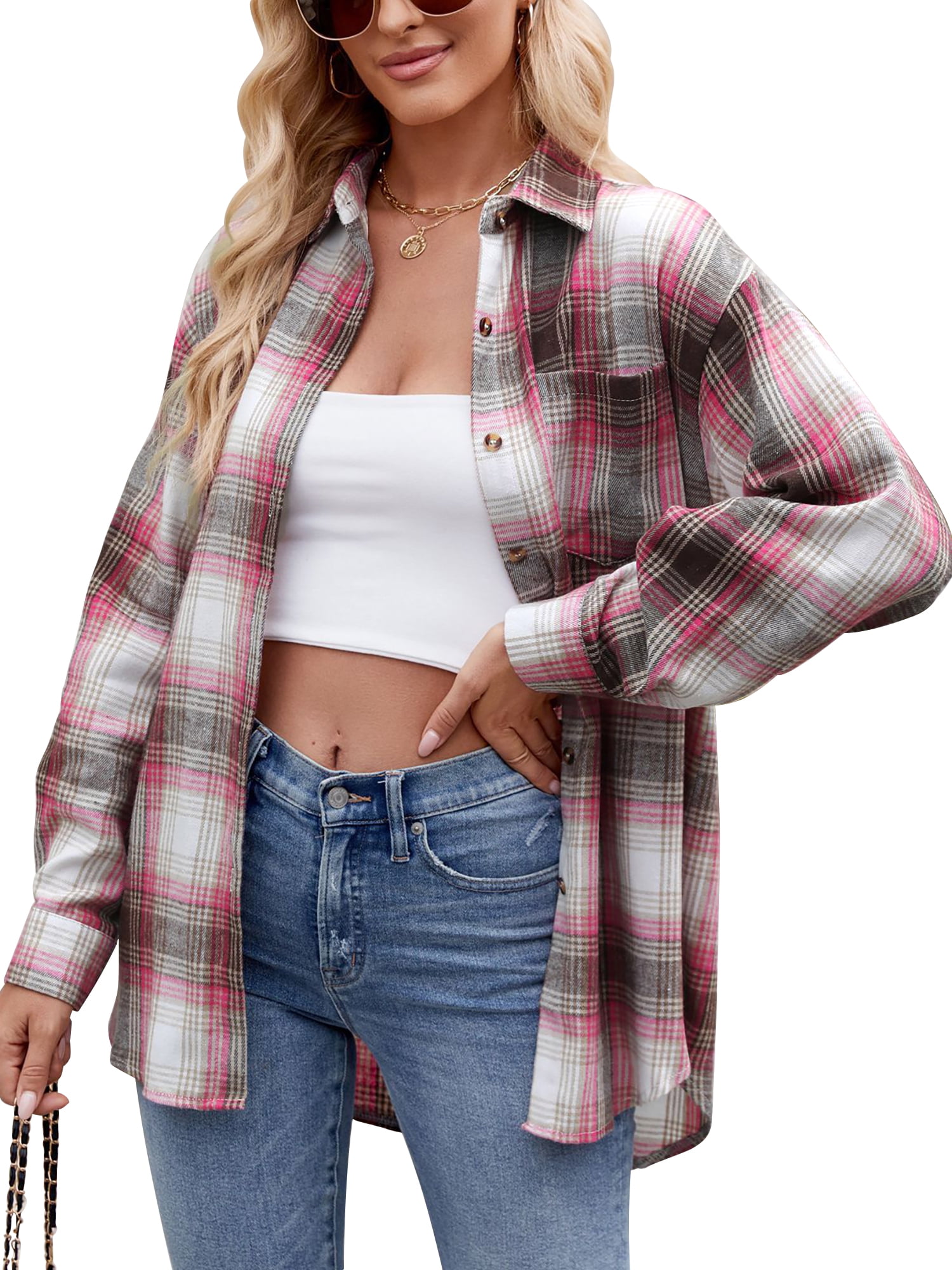 MOSHU Flannel Shirts for Women Casual Plaid Womens Tops Long Sleeve ...