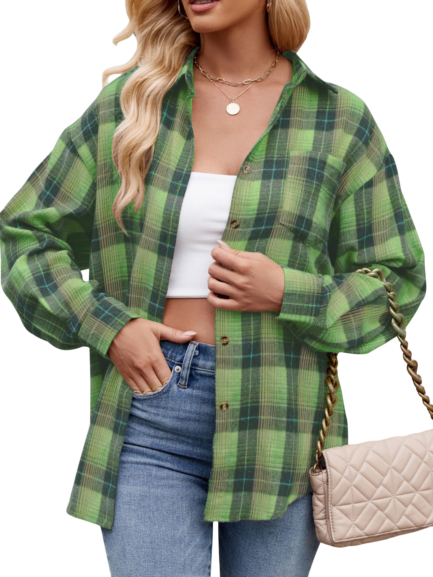 MOSHU Flannel Shirts for Women Casual Plaid Womens Tops Long Sleeve ...