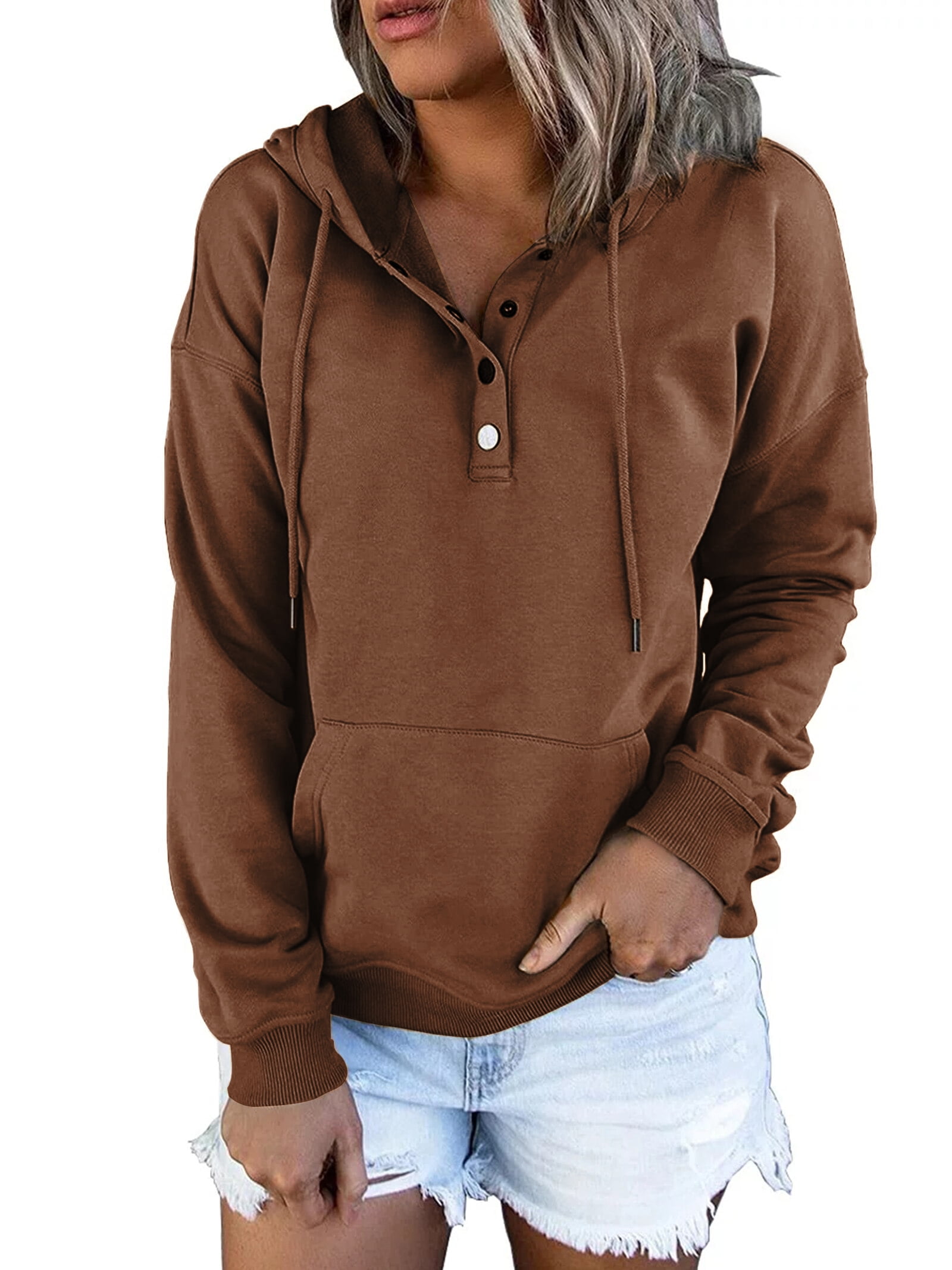 MOSHU Half Boutton Womens Hoodies Drawstring Hooded Sweatshirts for ...