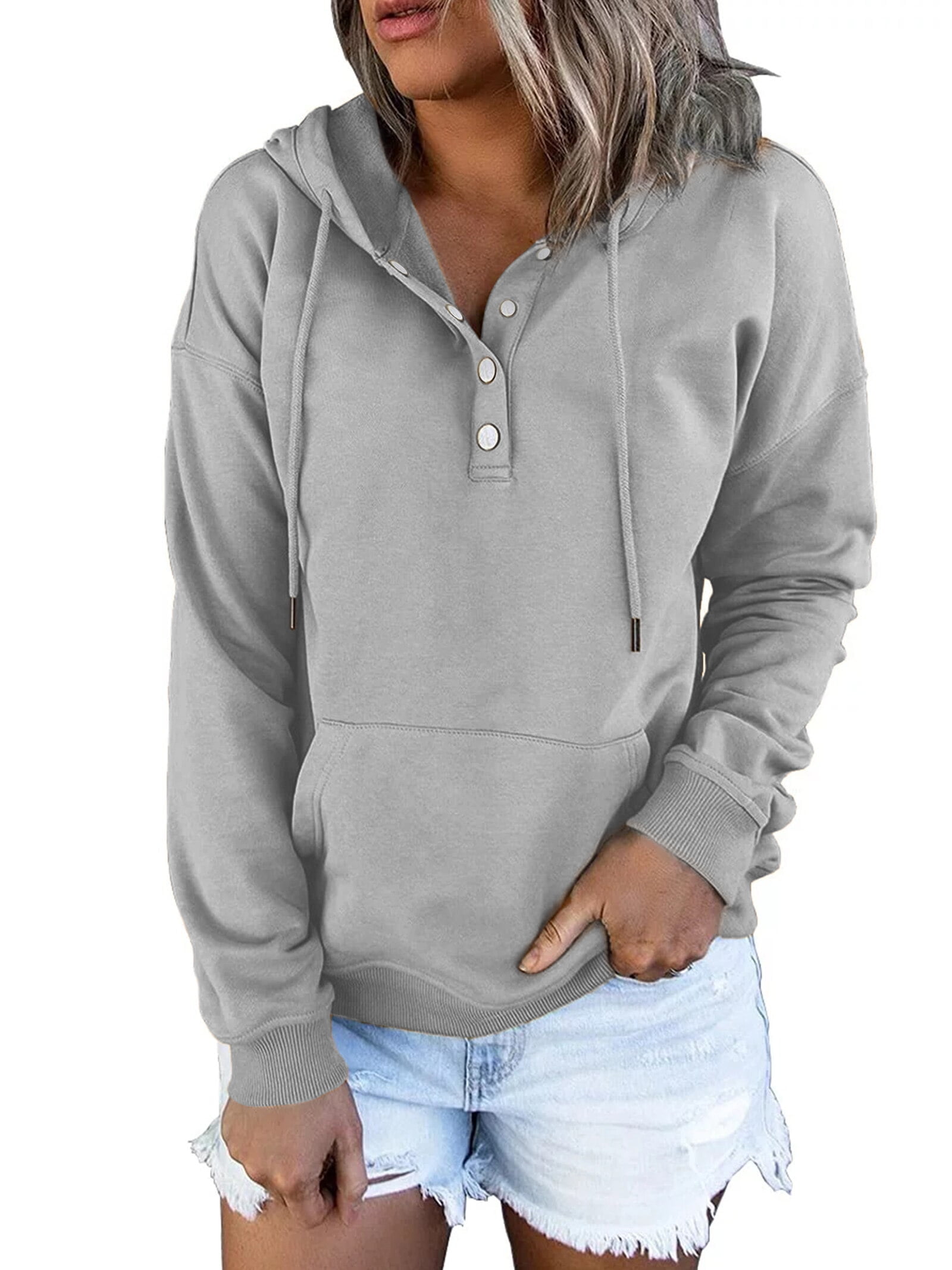 MOSHU Half Boutton Womens Hoodies Drawstring Hooded Sweatshirts for ...
