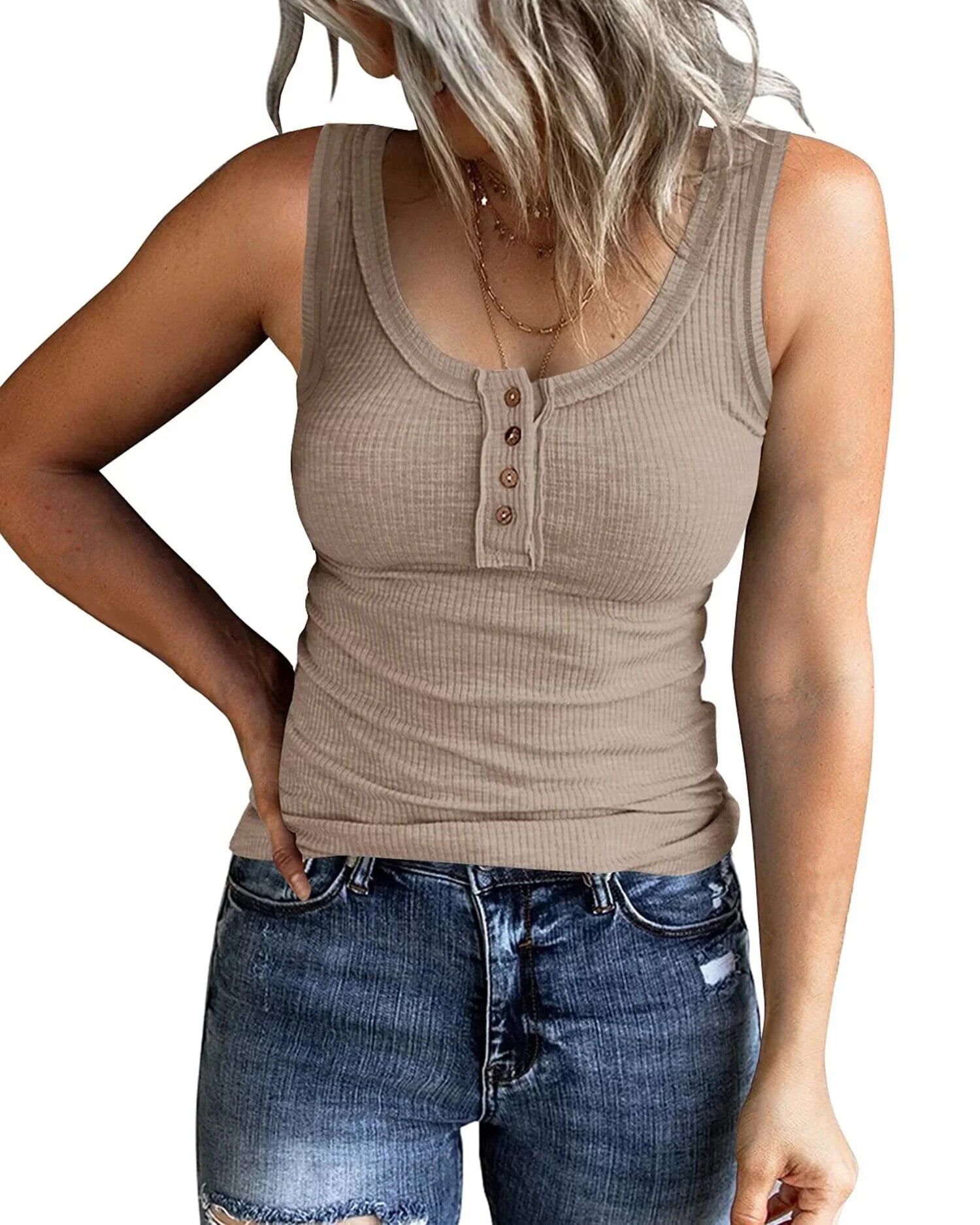 MOSHU Henley Women's Ribbed Tank Tops, Button Down Sleeveless Summer ...