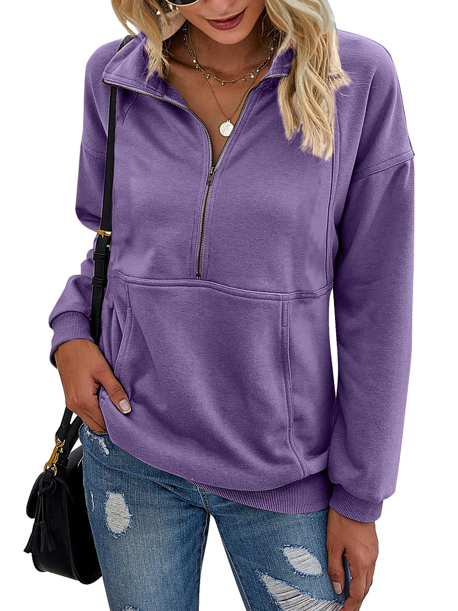 MOSHU Lapel Zipper Sweatshirts for Women Trendy Long Sleeve Tops ...