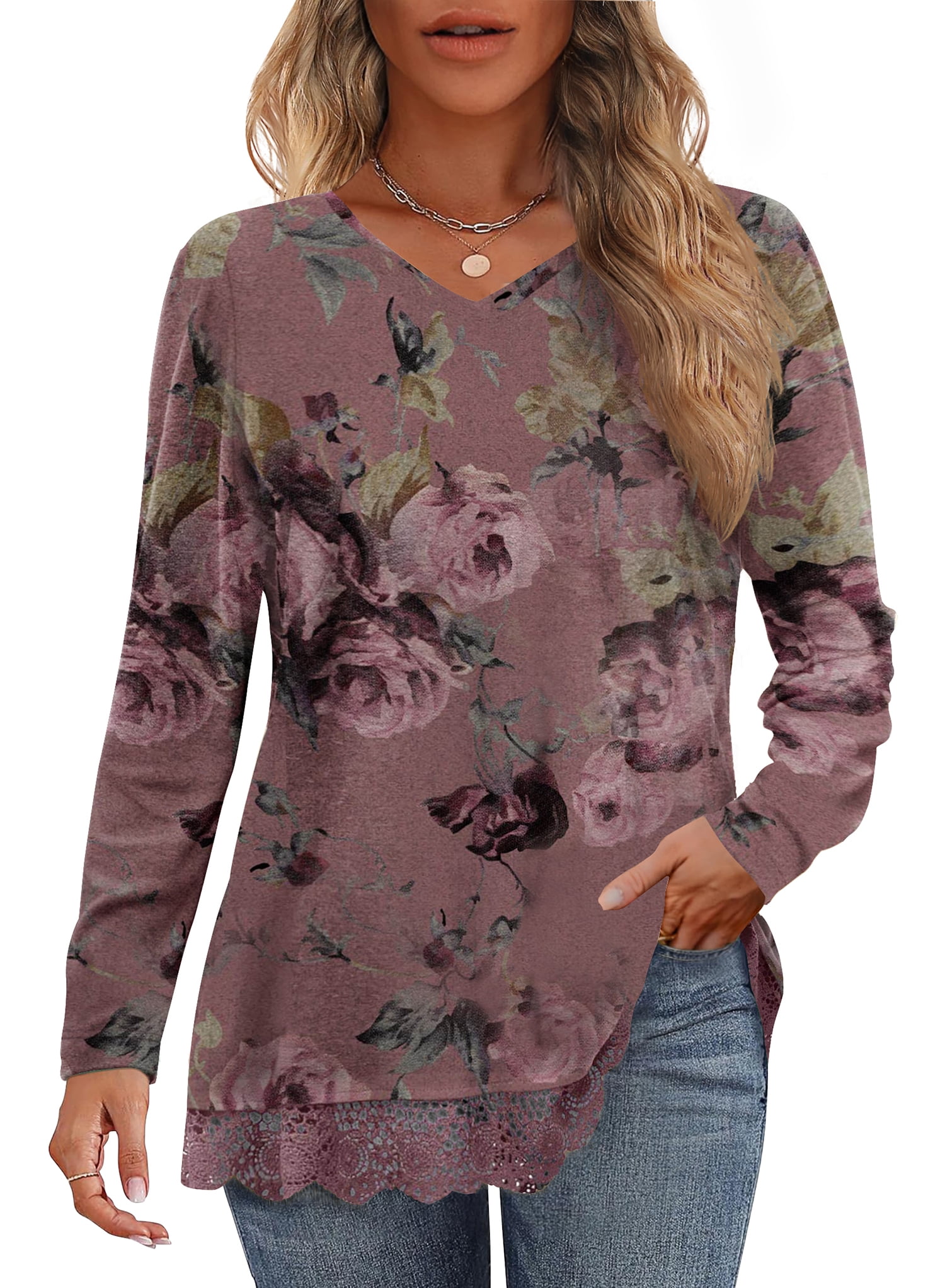 MOSHU Long Sleeve Tops for Women V-neck Womens Blouses Lace Hem Casual ...