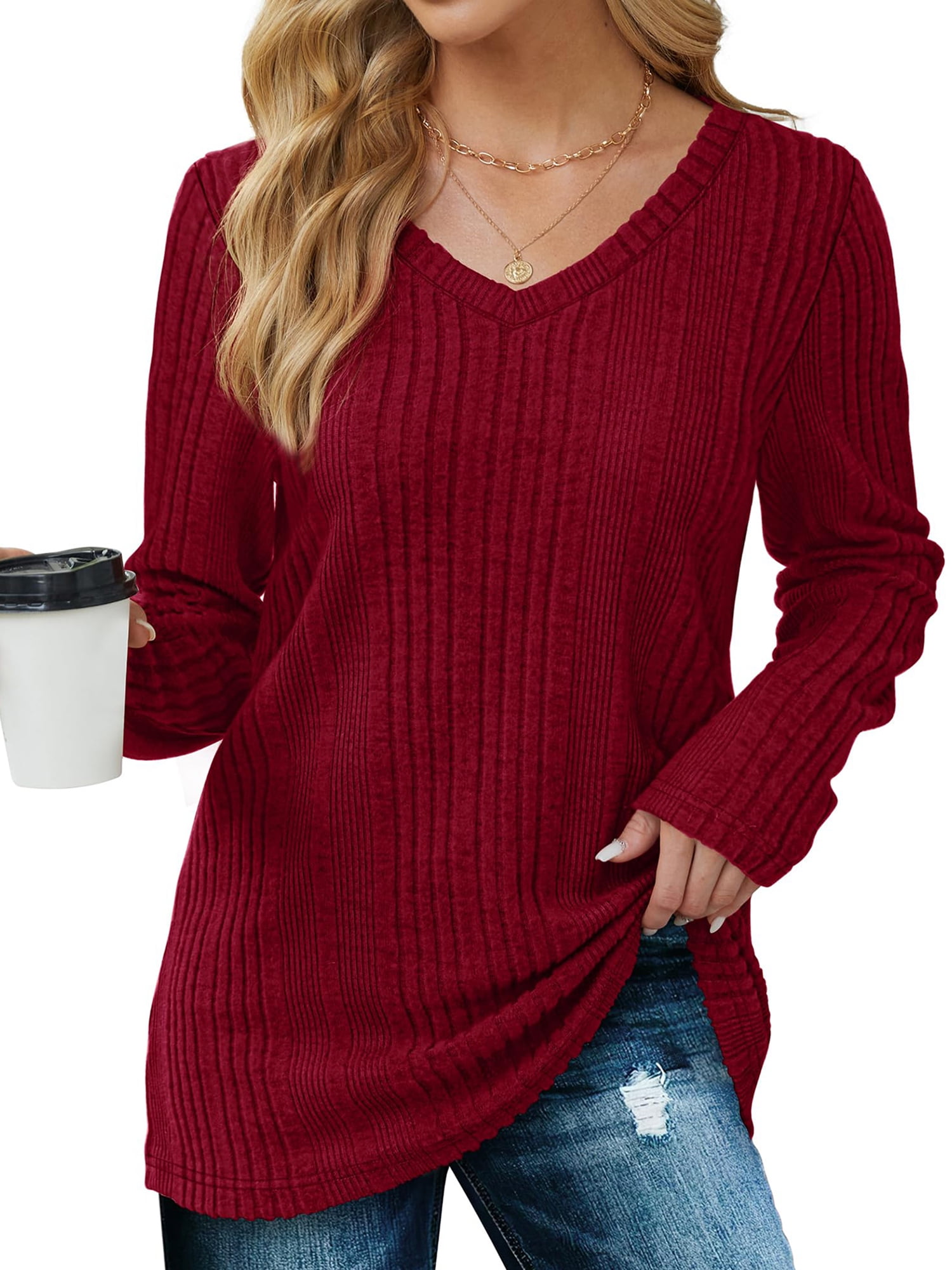 MOSHU Dressy Tops for Women Classic Fit Long Sleeve Shirts V Neck ...