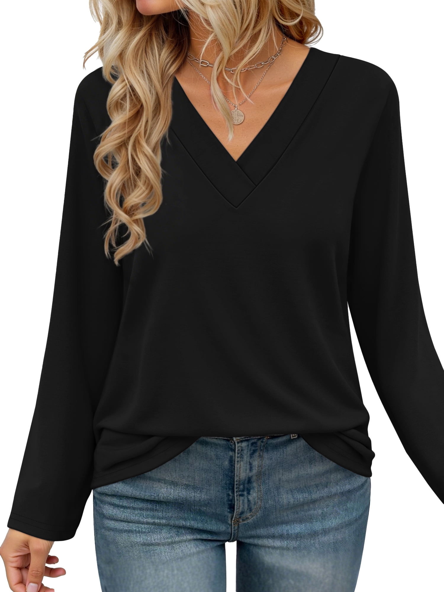 MOSHU Long Sleeve Womens Tops Deep V Neck Blouses for Women Loose Fit ...