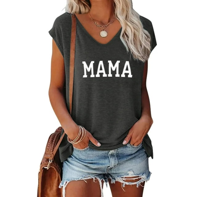 MOSHU Trendy Mothers Day Womens V Neck Tops, Flowy Cap Sleeve Loose Fit ...