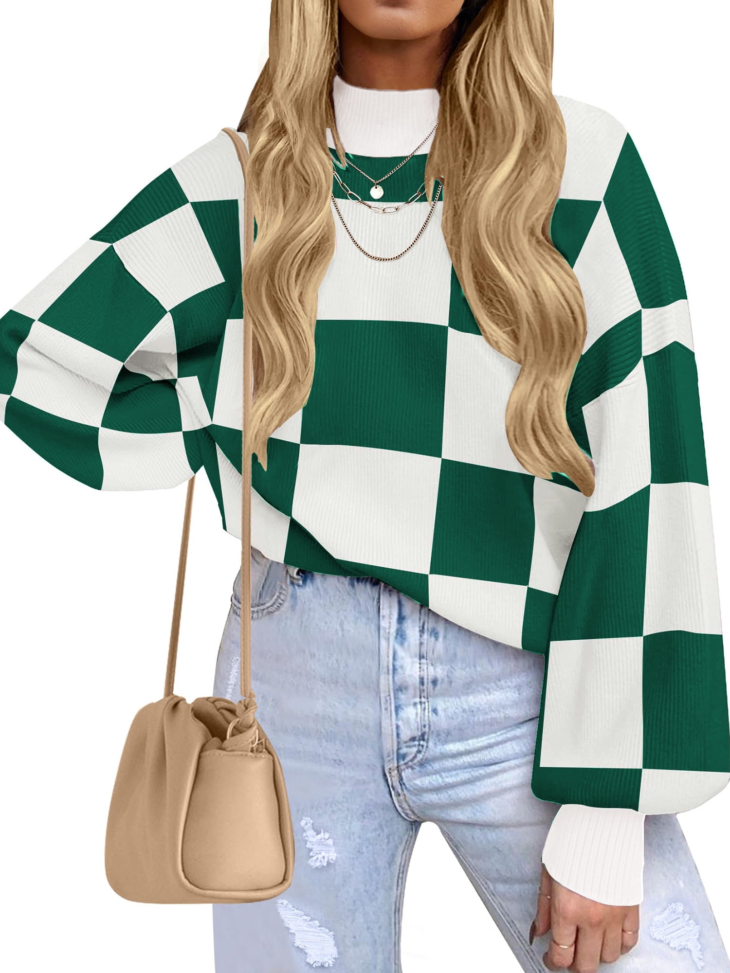 MOSHU Oversized Sweaters for Women Drop Shoulder Plaid Colorblock Tops ...