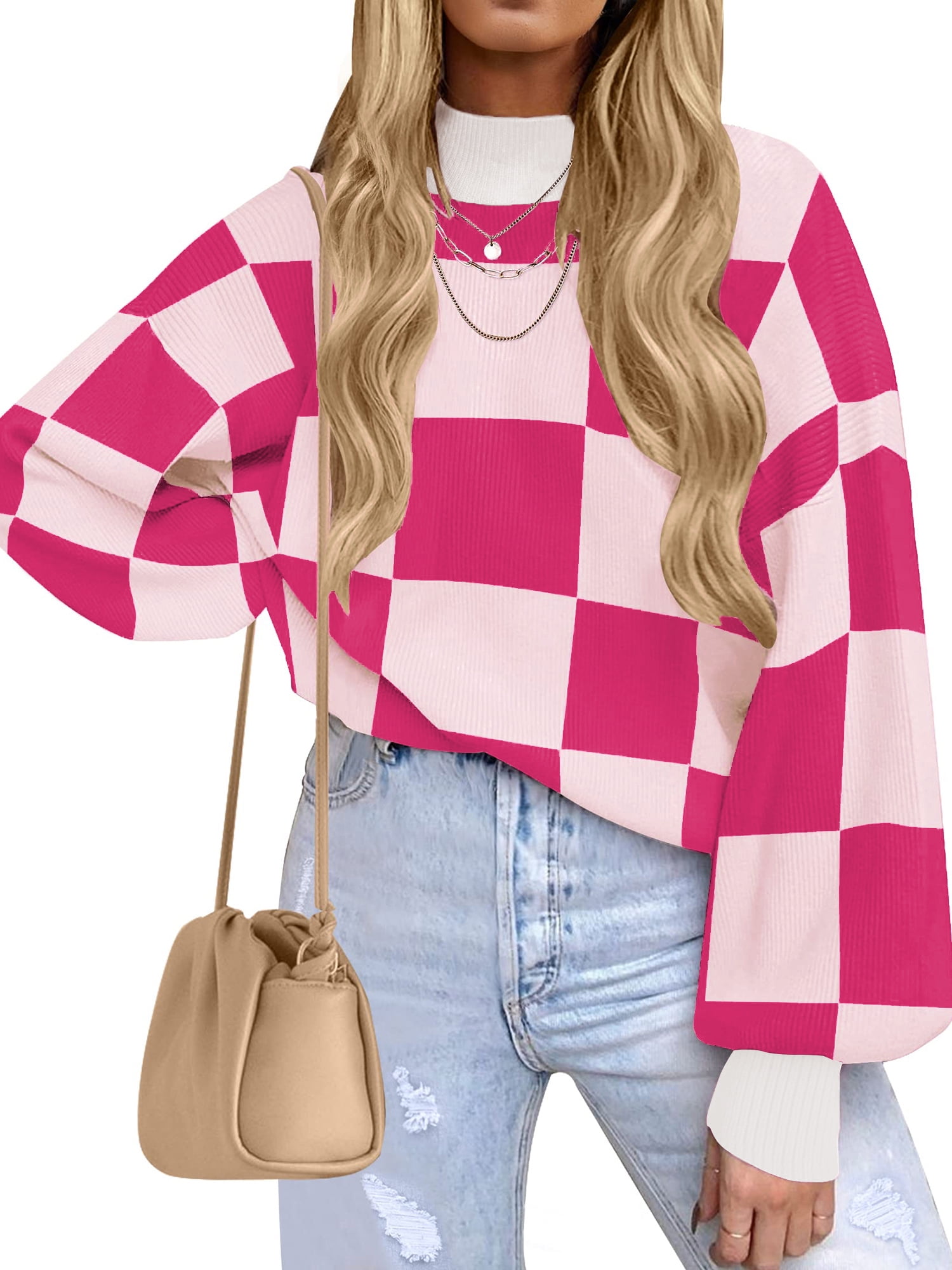 MOSHU Oversized Sweaters for Women Drop Shoulder Plaid Colorblock Tops ...