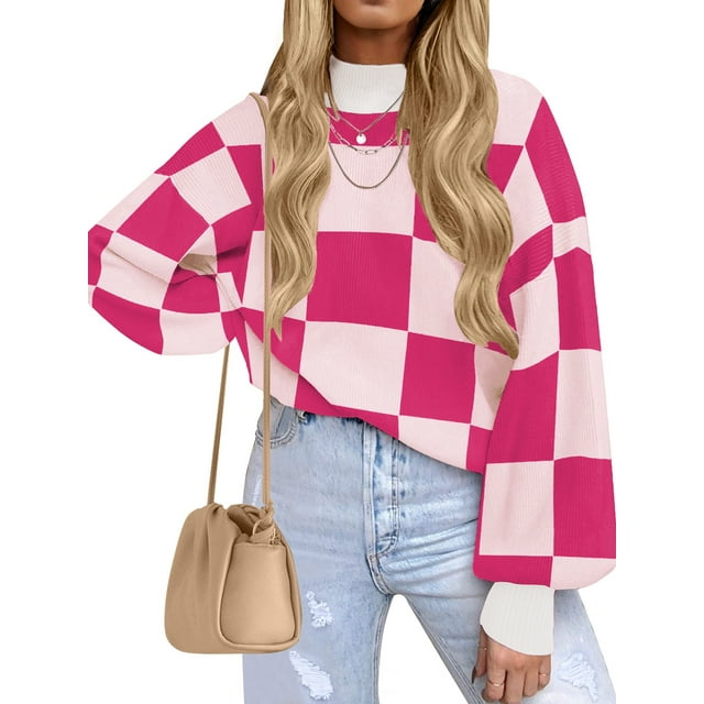 MOSHU Oversized Sweaters for Women Drop Shoulder Plaid Colorblock Tops ...