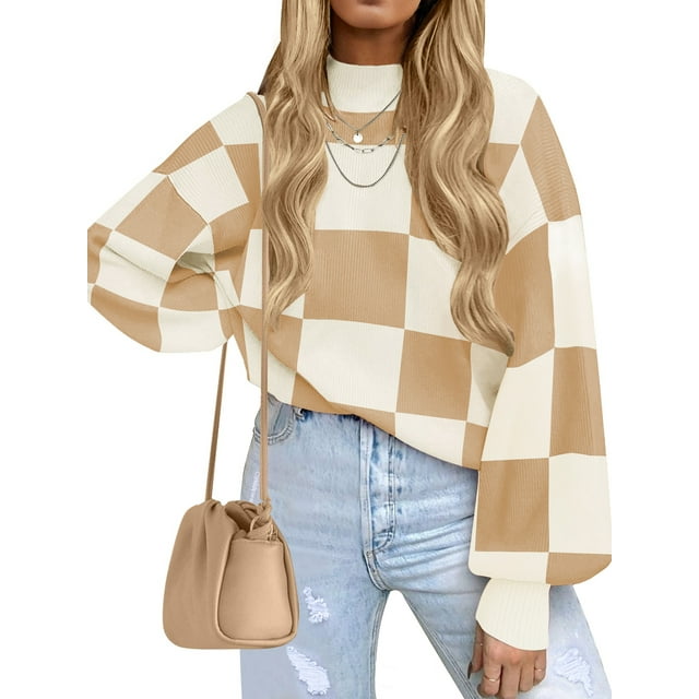 MOSHU Oversized Sweaters for Women Drop Shoulder Plaid Colorblock Tops ...